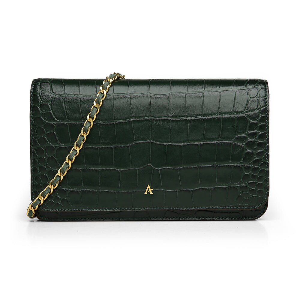 Leather Long Chain Handbag Croc Print Evening Bag Clutch Slim Built-in ...