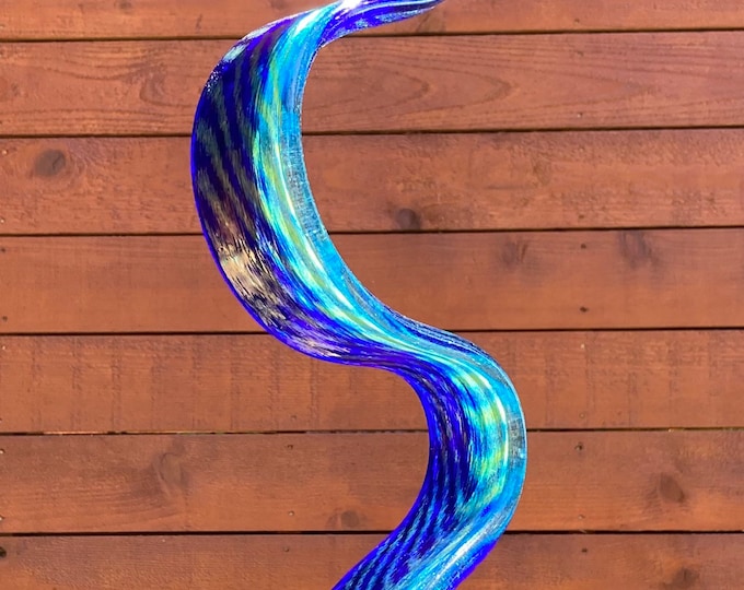 Blue Glass Garden Leaves Spires, Hand Made Cobalt Blue and Aqua With ...