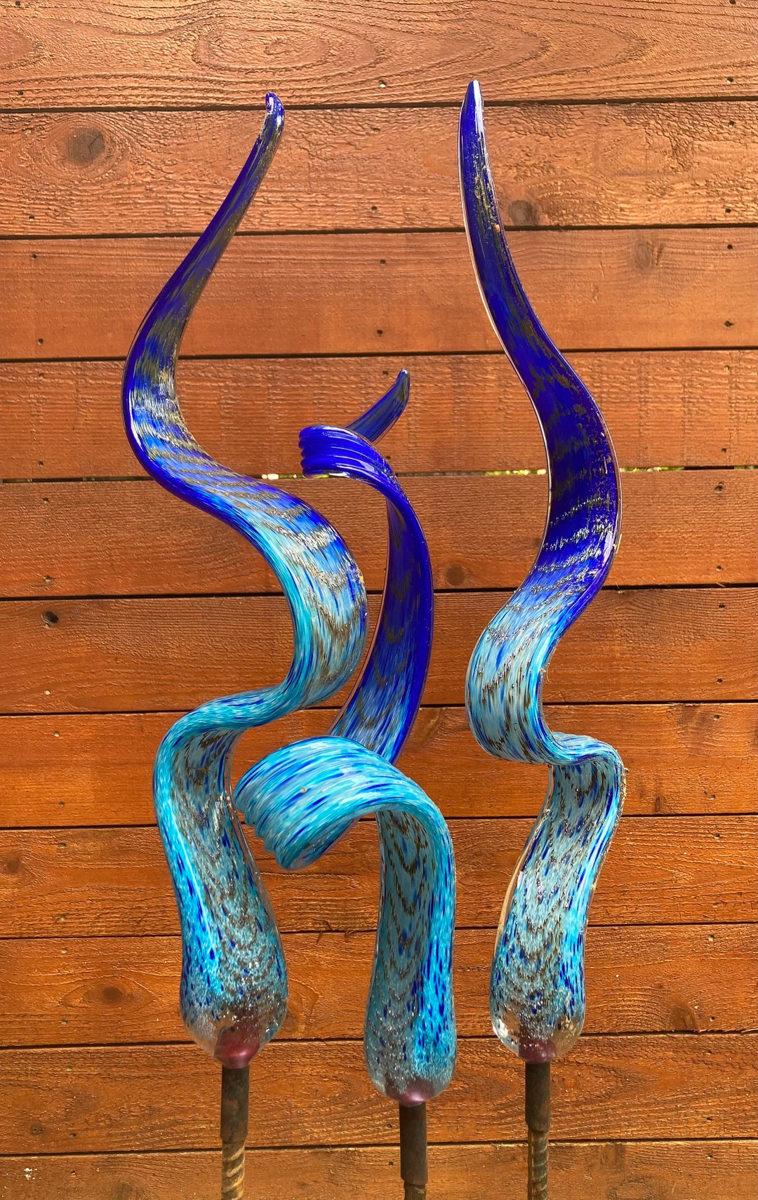 Handmade Glass Garden Art Handblown Glass Leaves Aqua and Cobalt Tipped ...