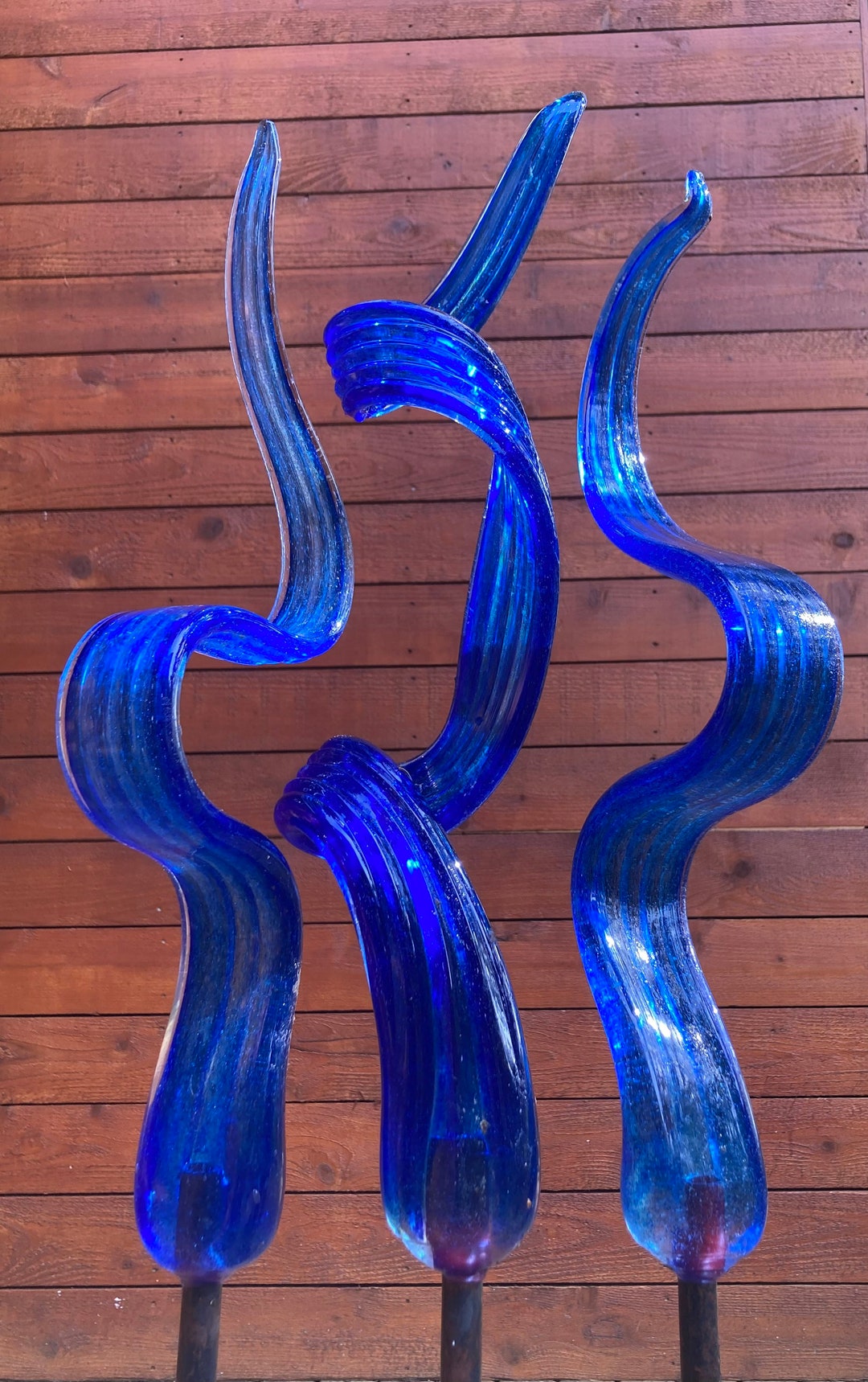 Handmade Glass Art Handblown Garden Art Copper Blue Glass Waves. - Etsy