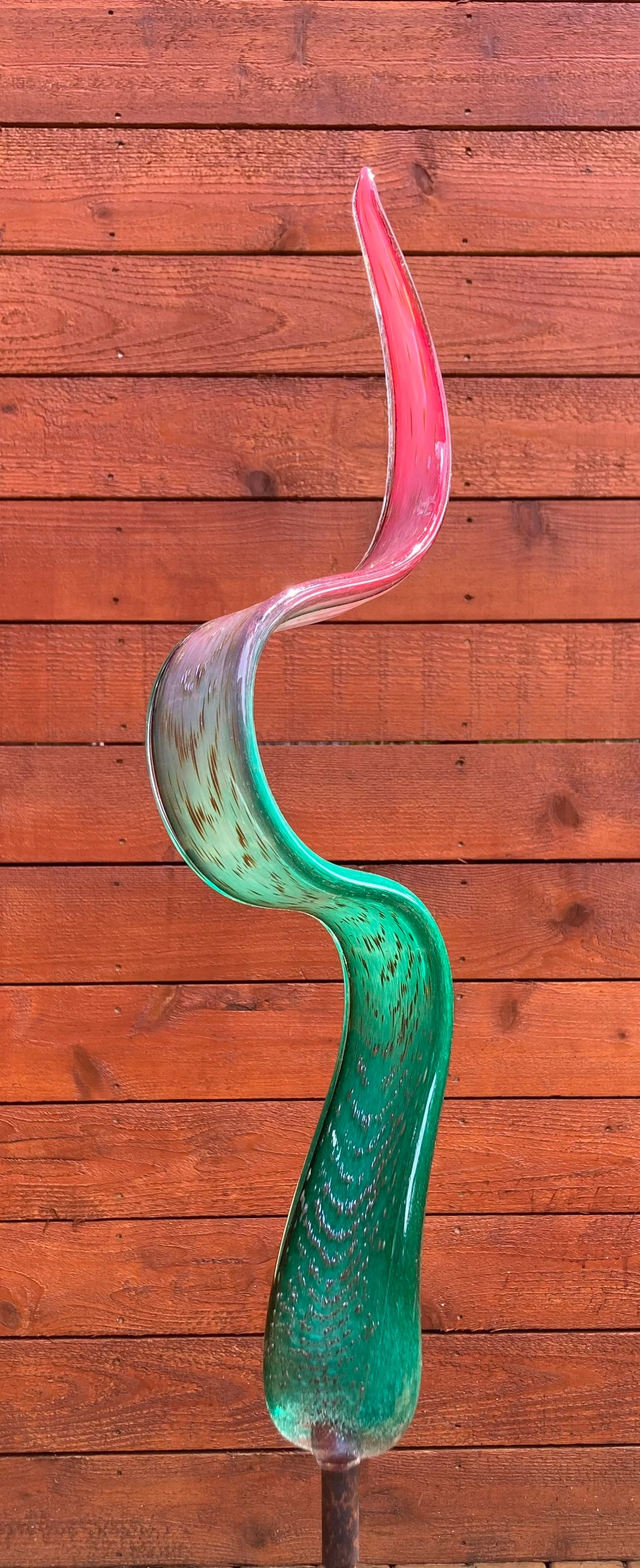 Hand Blown Glass Garden Leaf, Handmade Green and Ruby Glass Garden Art ...