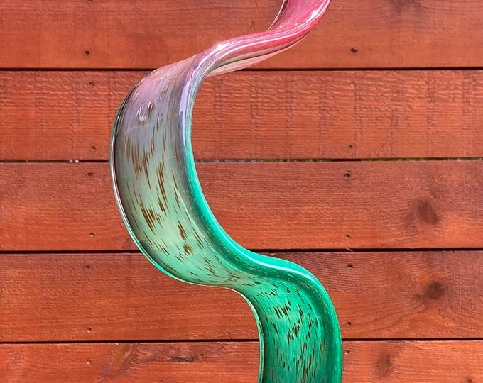 Hand Blown Glass Garden Leaf, Handmade Green and Ruby Glass Garden Art ...
