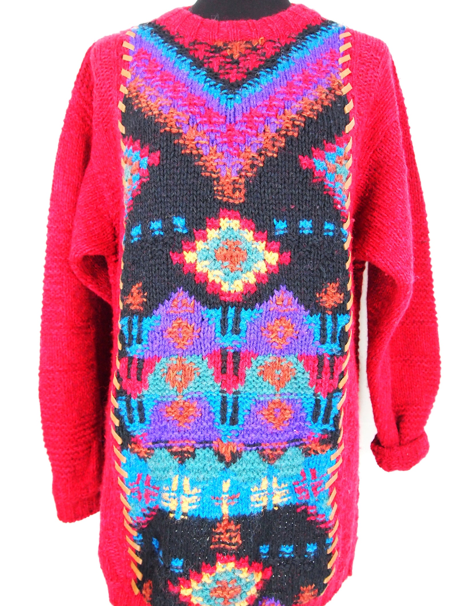 90's Woolrich Tunic Sweater Red With South Western Pattern and Leather ...