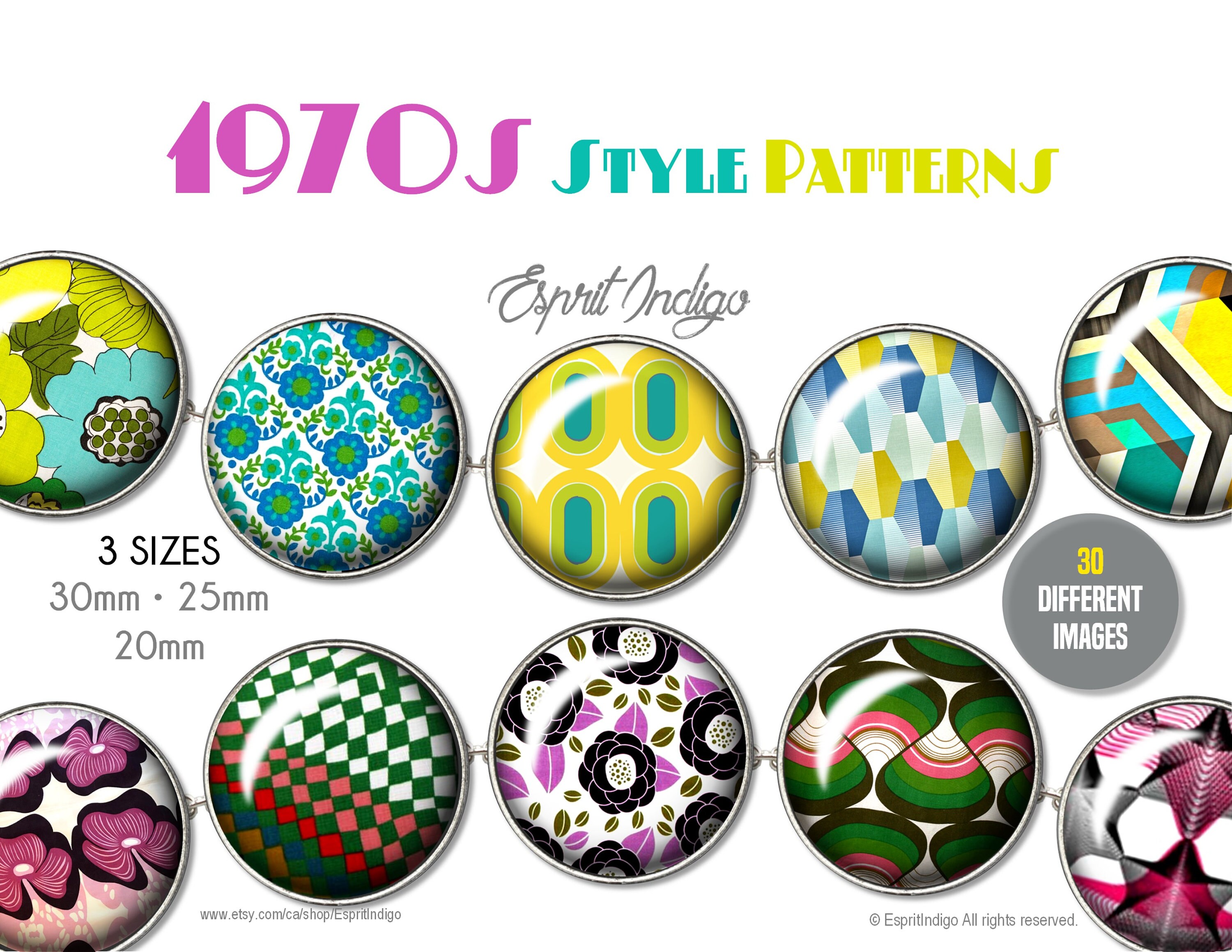 1970s STYLE PATTERNS Round Images for Cabochon Jewelry Making 30mm 25mm ...