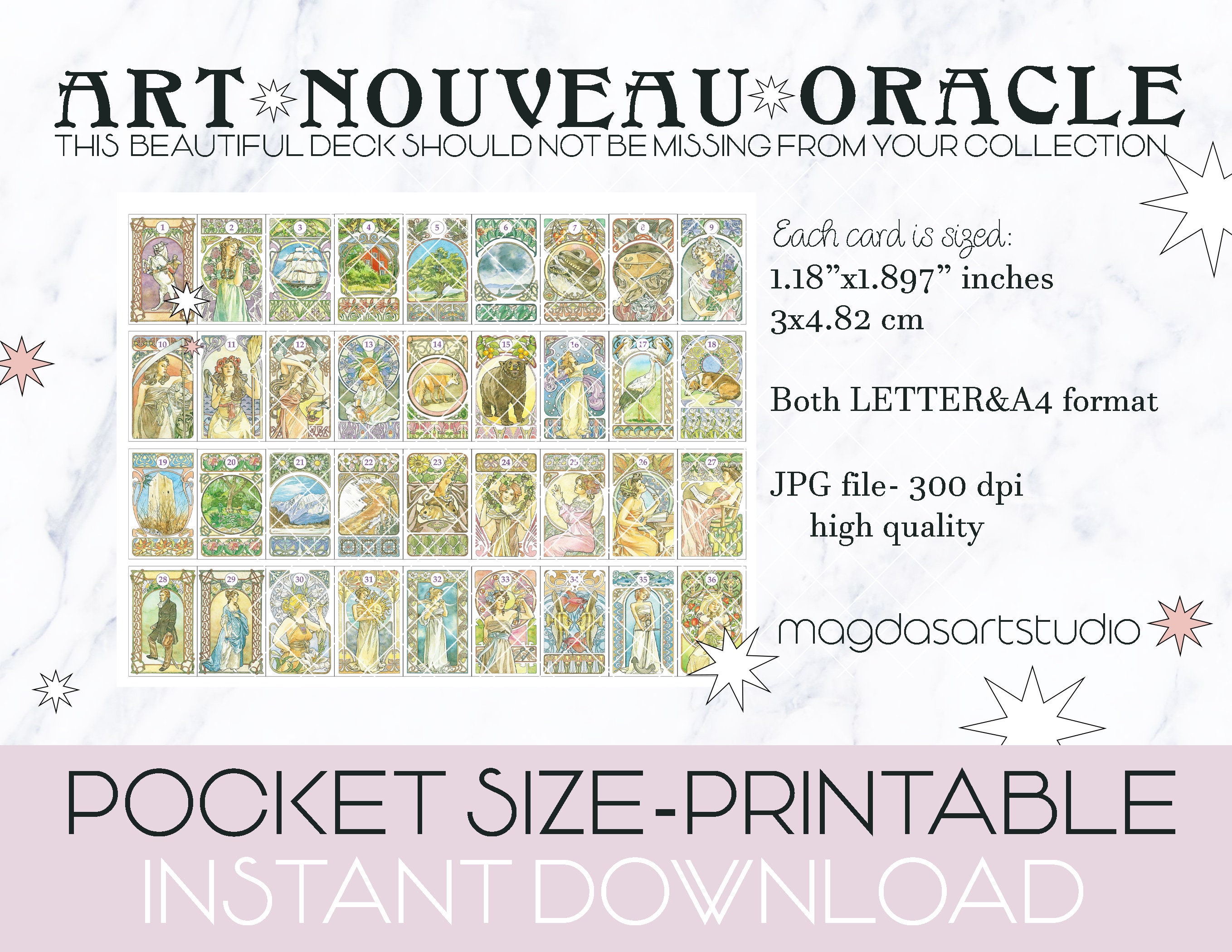 Art Nouveau Oracle, Printable, Pocket Size, Mini Oracle Cards, Sibilla ...