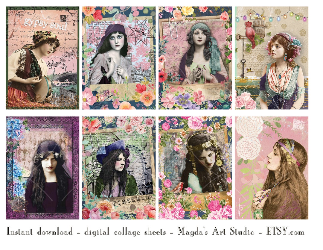 Digital Collage Sheet, ATC, Gypsies, Vintage Gypsies, Boho, Digital ...