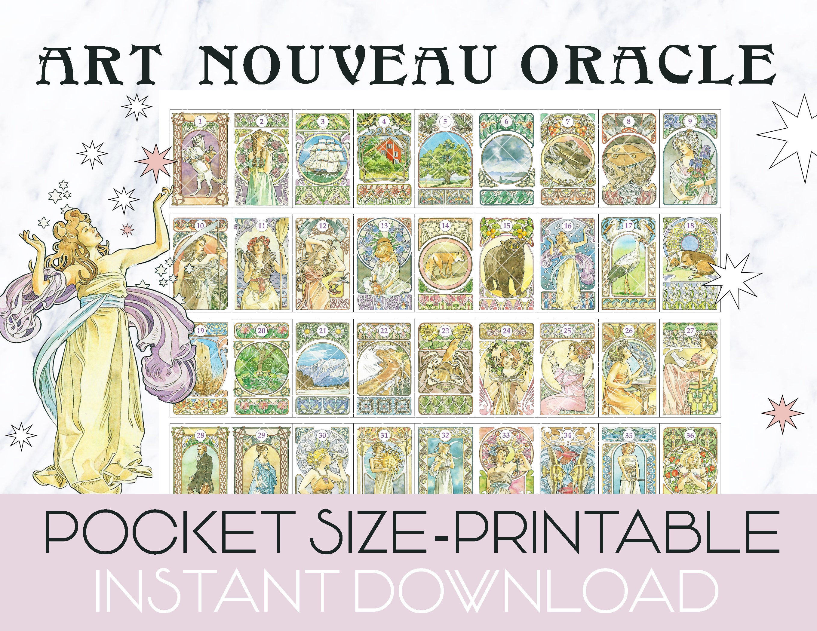 Art Nouveau Oracle, Printable, Pocket Size, Mini Oracle Cards, Sibilla ...