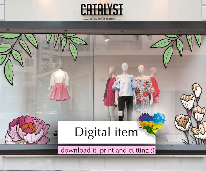 Flowers and Leaves / Decal Design / Vinyl Showcase Window - Etsy