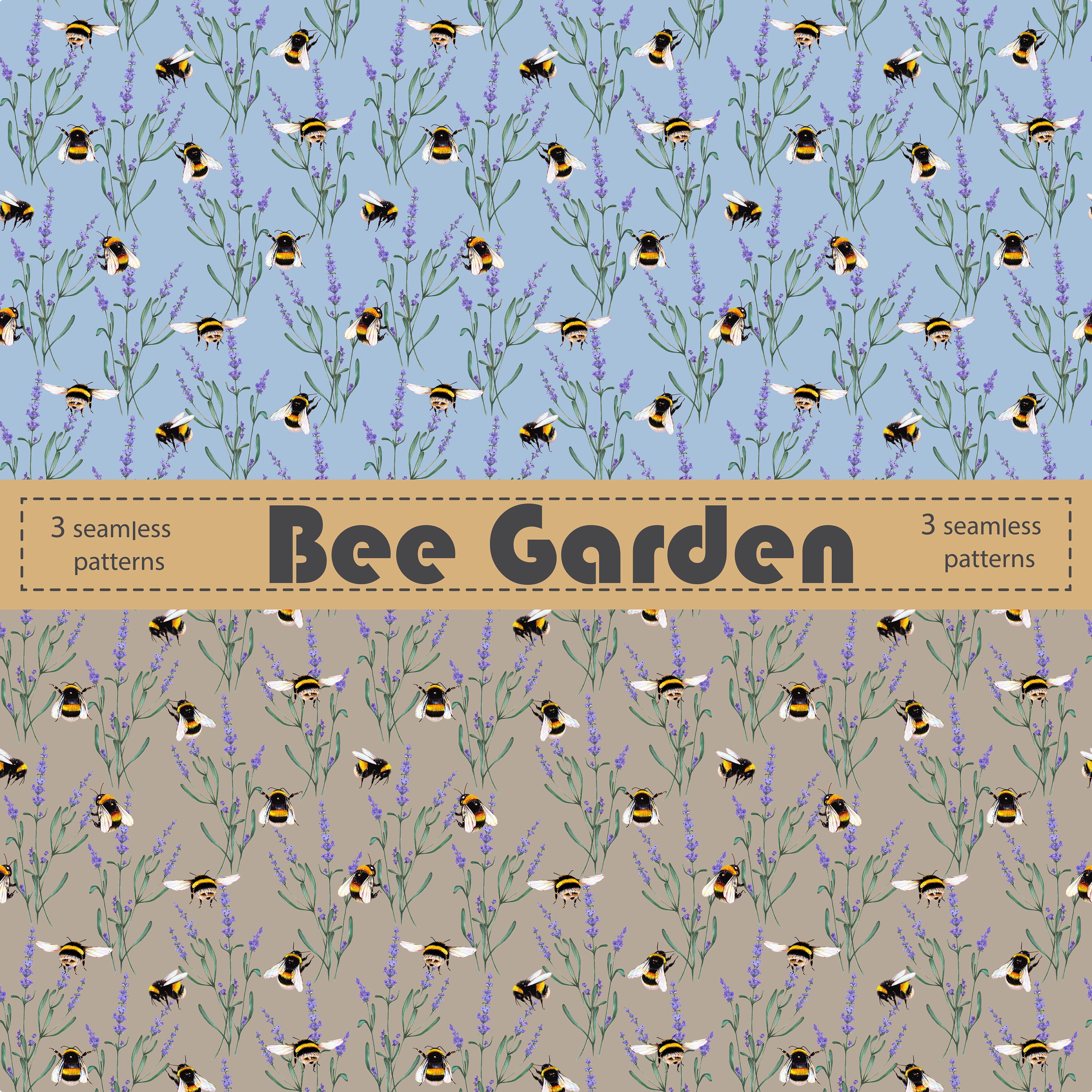Honey Bee Garden Seamless Pattern, Lavender and Bumblebee Digital Paper ...