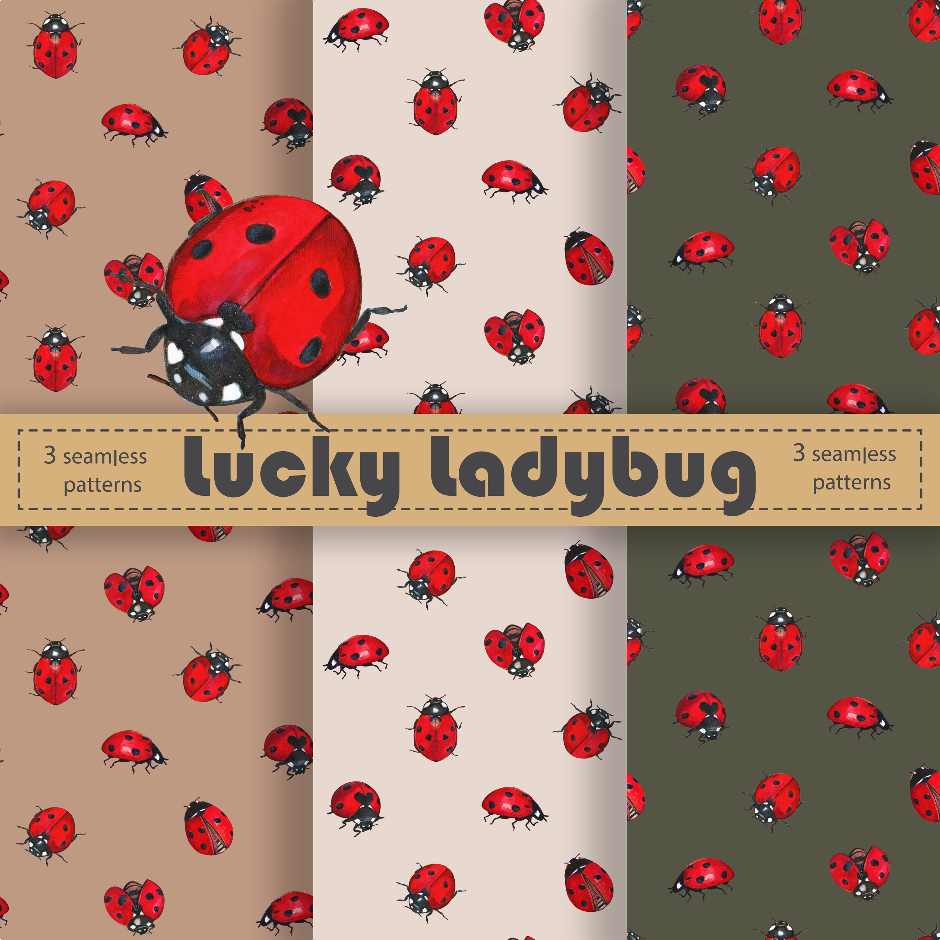 Ladybird Digital Paper, Watercolor Ladybug Seamless Pattern, Hand Drawn ...