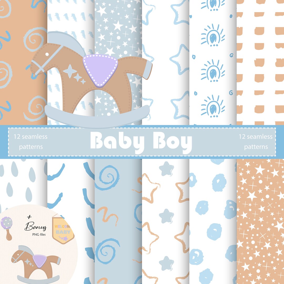 Baby Boy Digital Paper, Baby Boy Nursery Patterns, Baby Boy Seamless ...