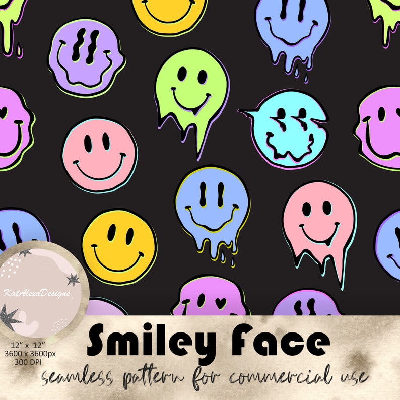 Smiley Face Seamless Pattern, Trippy Smile Fabric Design, Melting Face ...