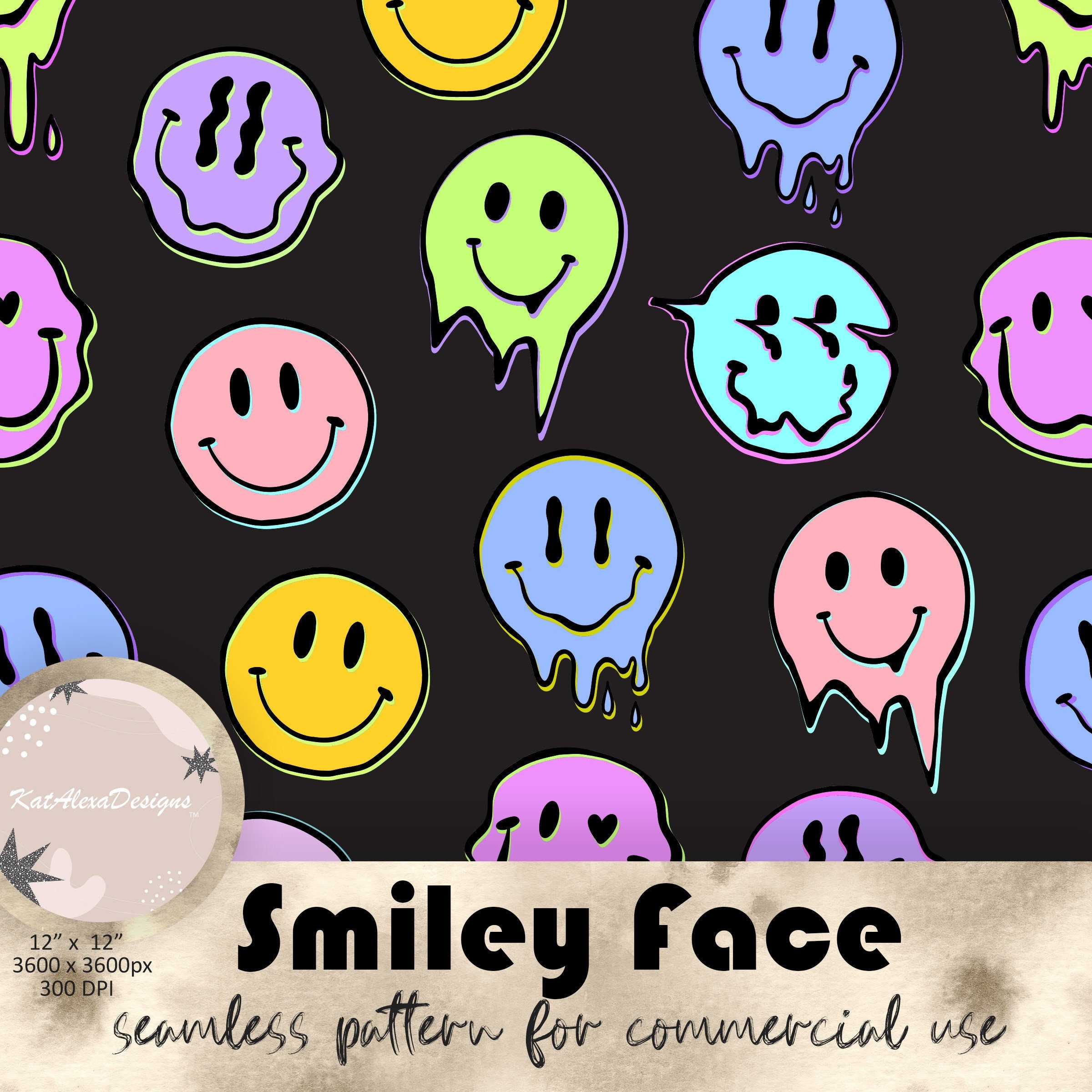Smiley Face Seamless Pattern, Trippy Smile Fabric Design, Melting Face ...