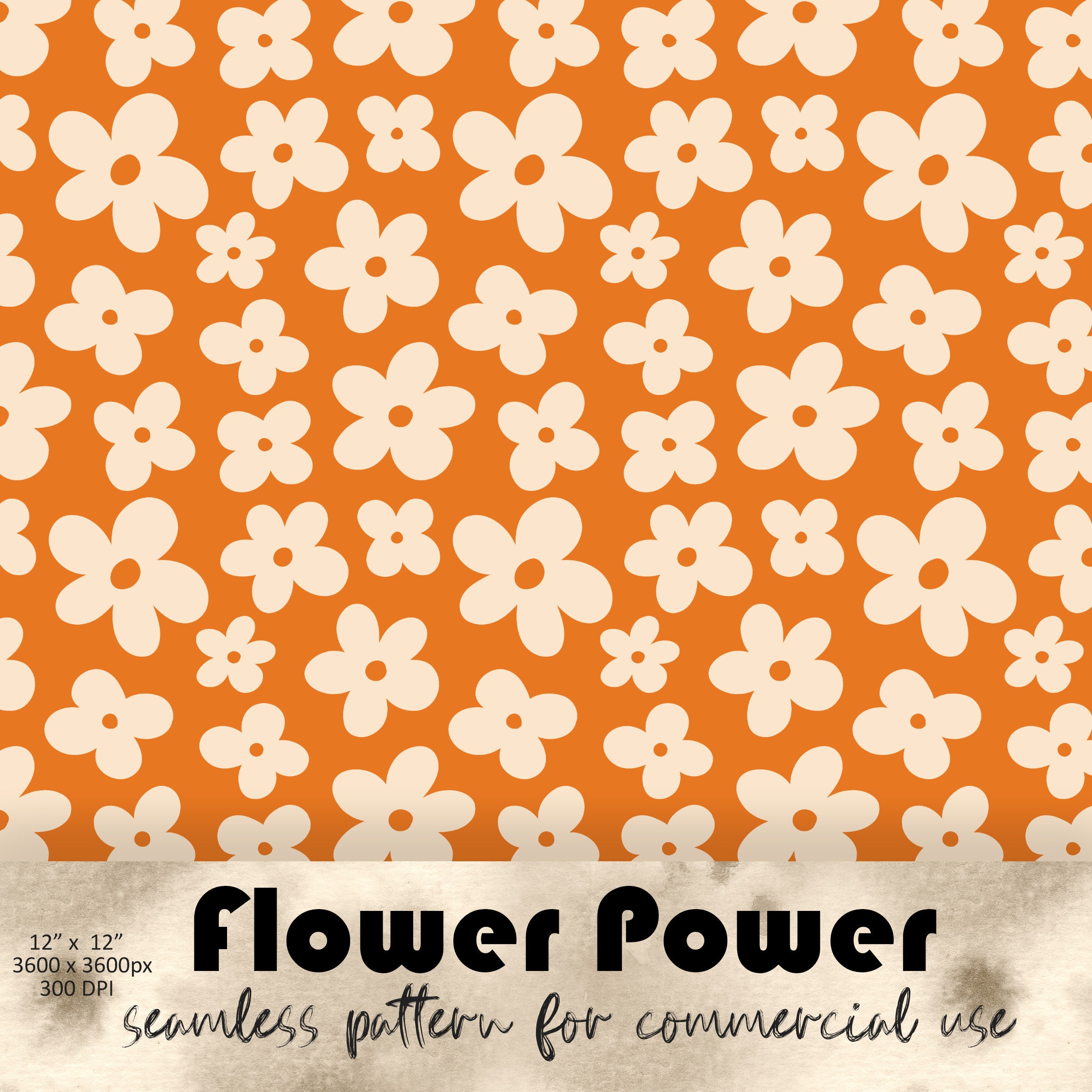 Monochrome Orange Flower Seamless Pattern, 60s 70s Style Fabric Design ...