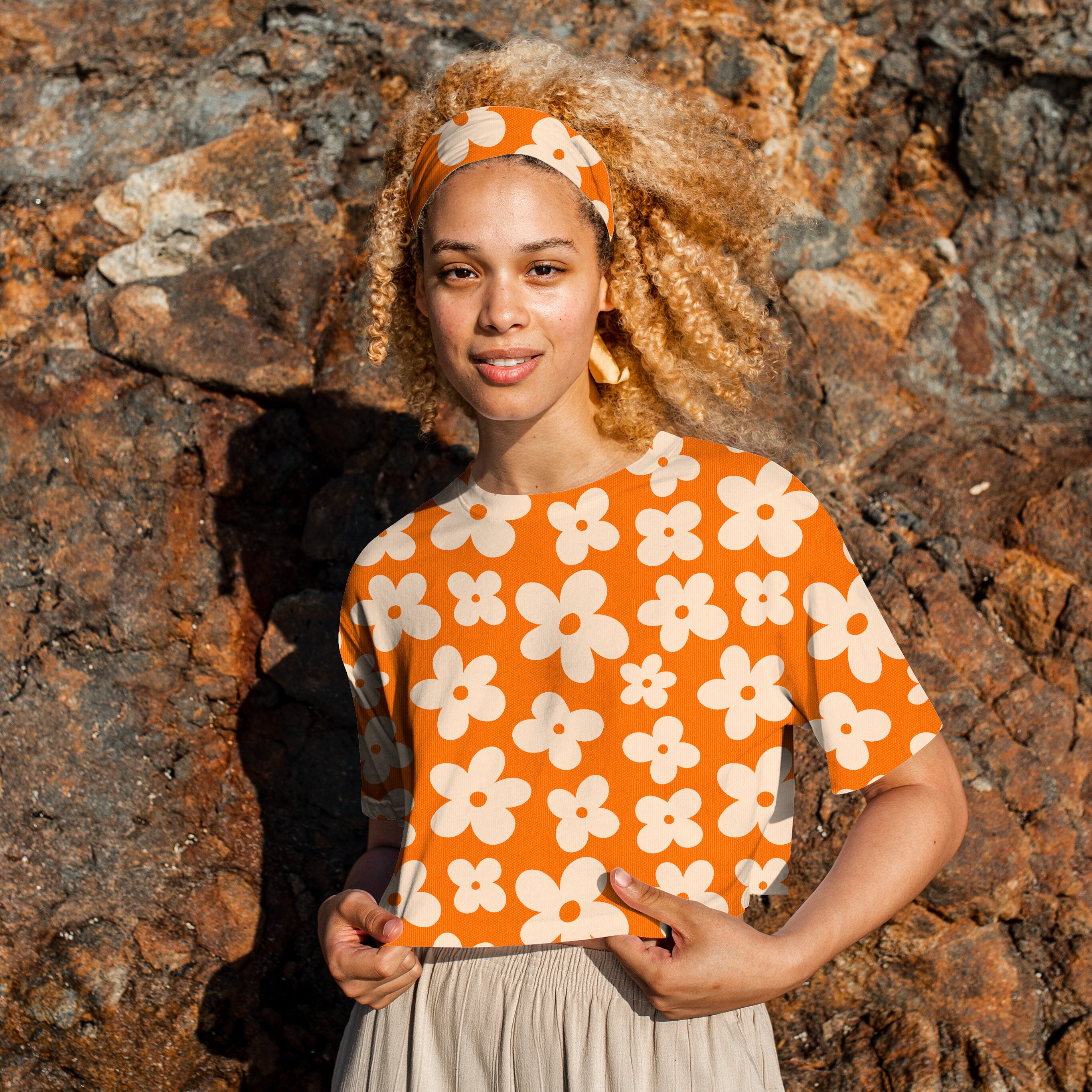 Monochrome Orange Flower Seamless Pattern, 60s 70s Style Fabric Design ...