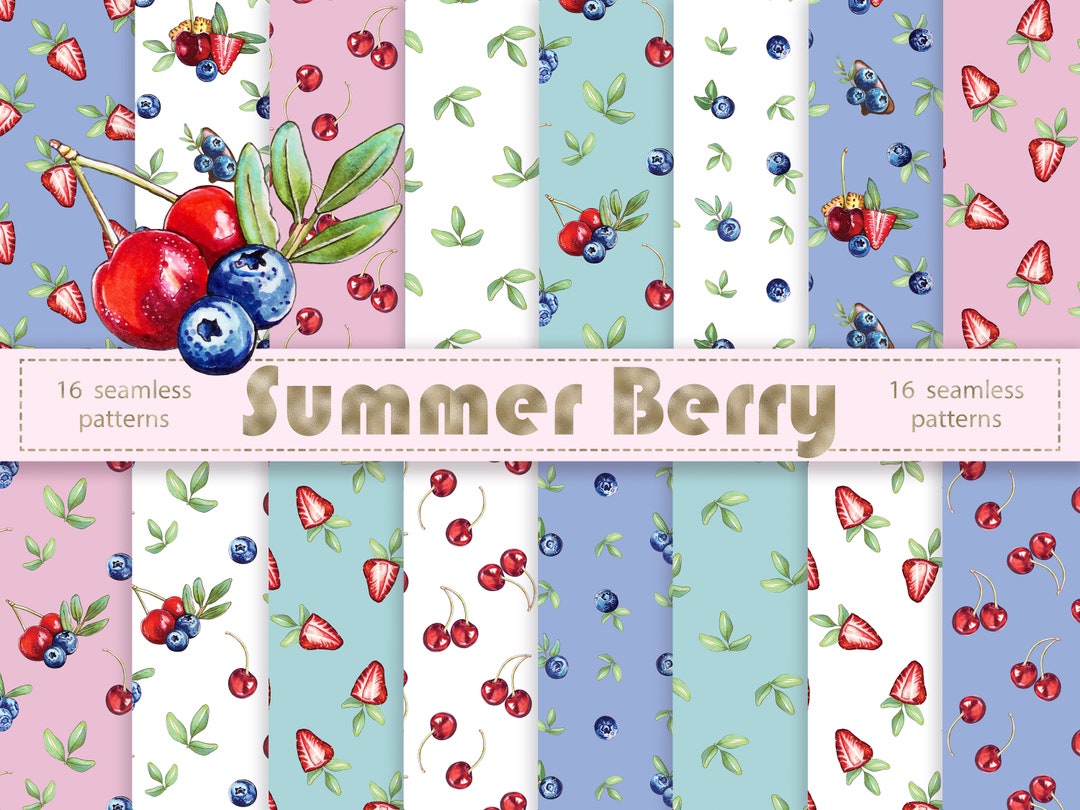 Summer Berry Digital Paper, Cherry and Blueberry Seamless Pattern ...