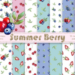 Summer Berry Digital Paper, Cherry and Blueberry Seamless Pattern ...