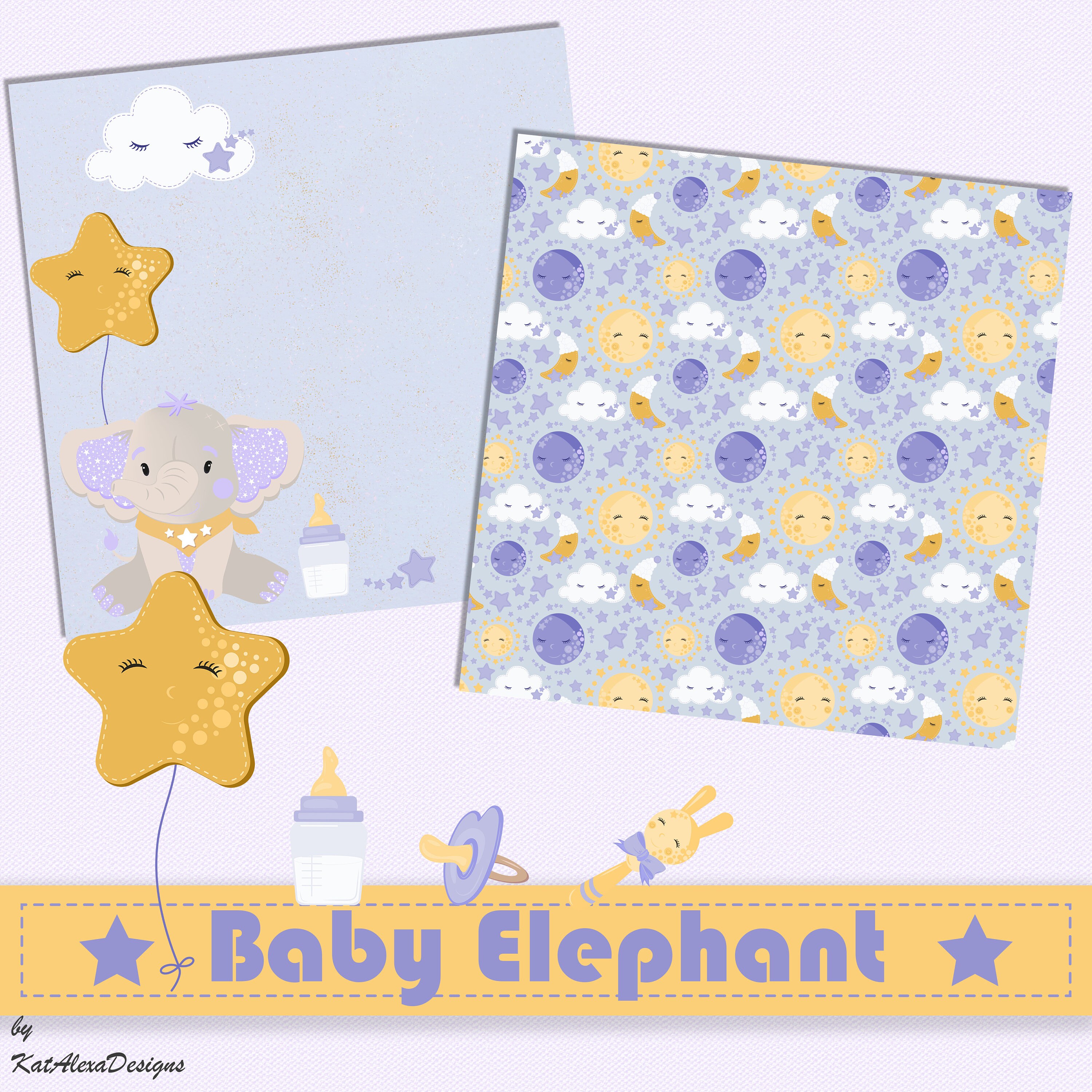 Cute Baby Elephant Digital Paper, Baby Scrapbook Art, BABY SEAMLESS ...