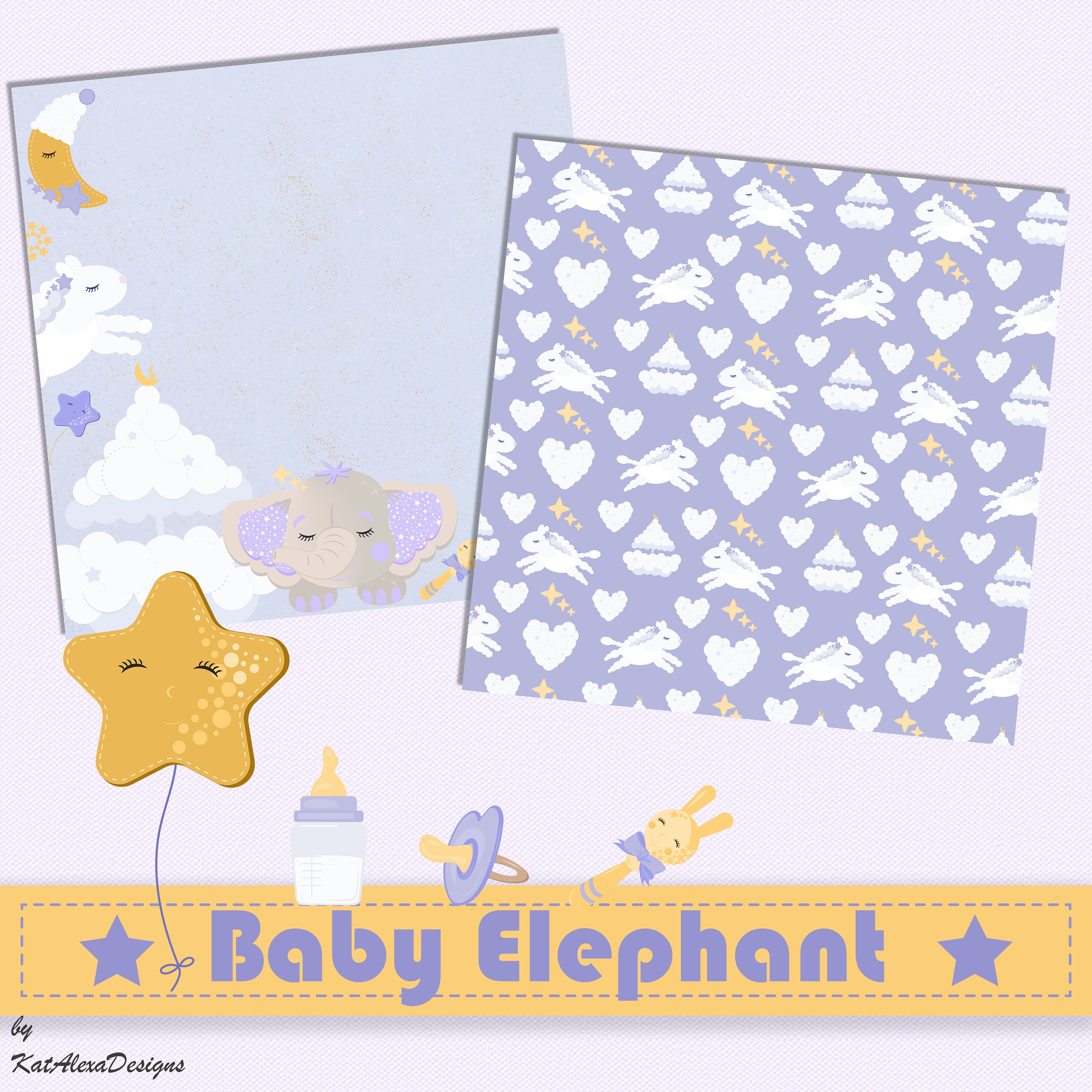 Cute Baby Elephant Digital Paper, Baby Scrapbook Art, BABY SEAMLESS ...