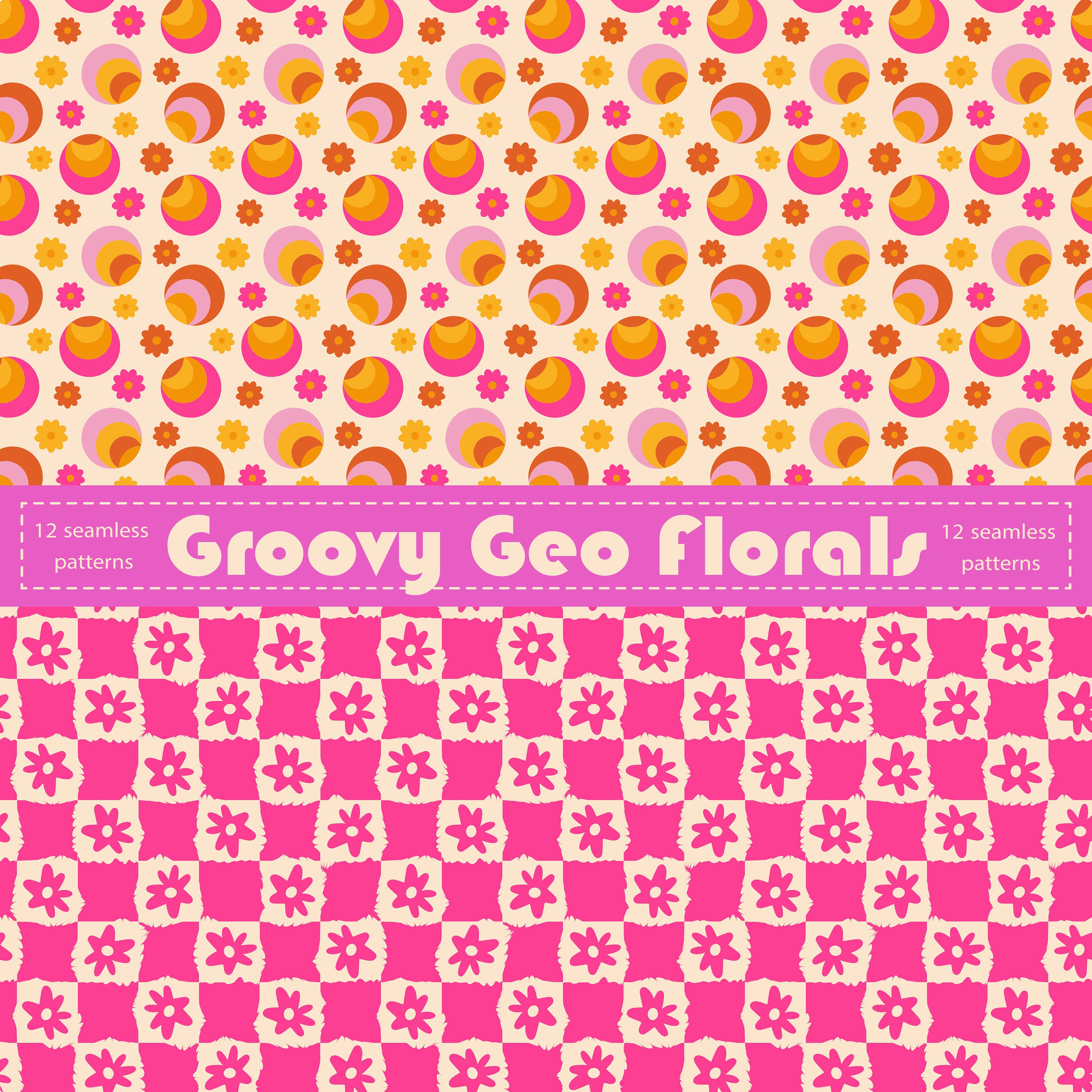 Groovy Geo Florals Pattern Collection, 60s-70s Retro Style Flowers ...