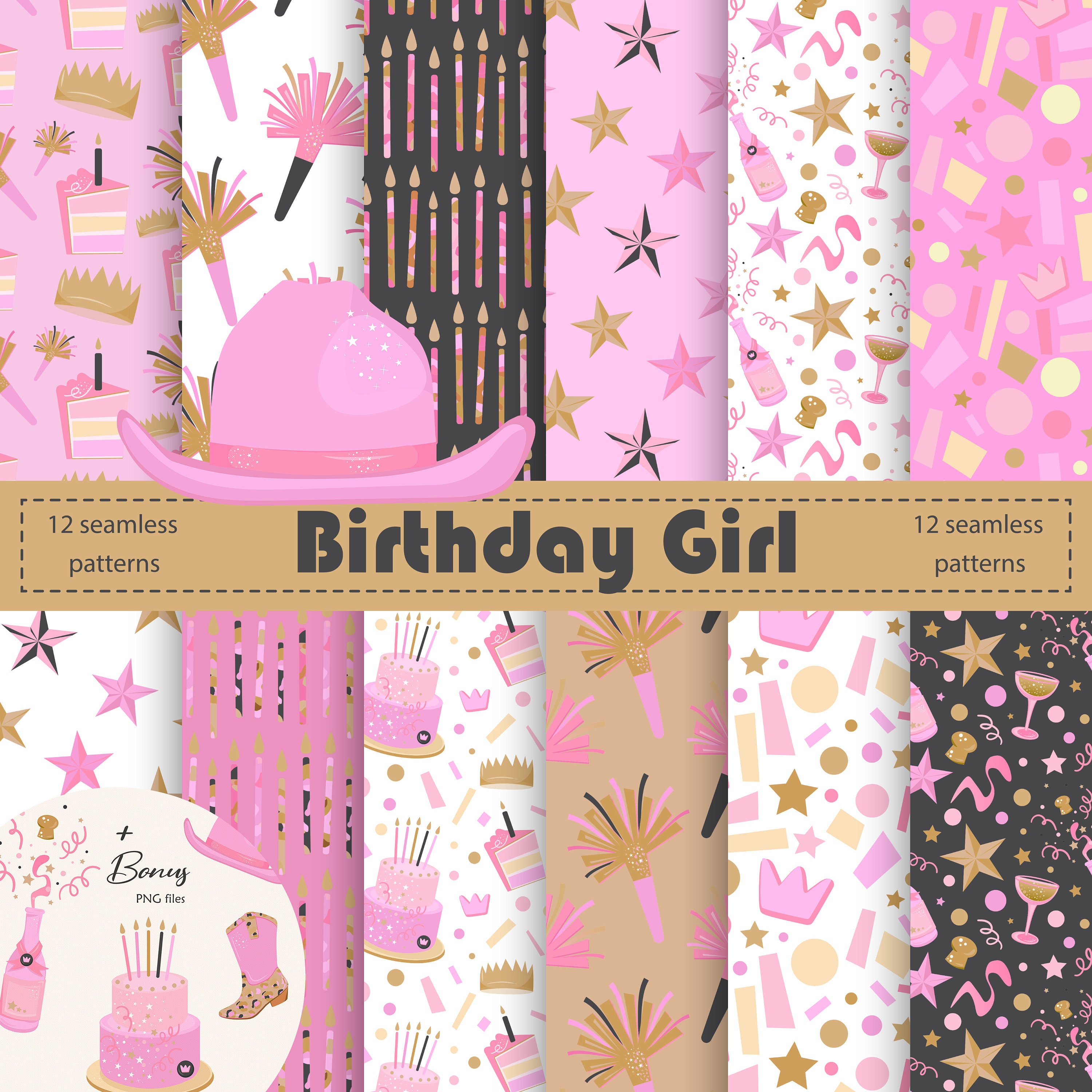 Birthday Girl Digital Paper Pink Birthday SEAMLESS PATTERN - Etsy Australia