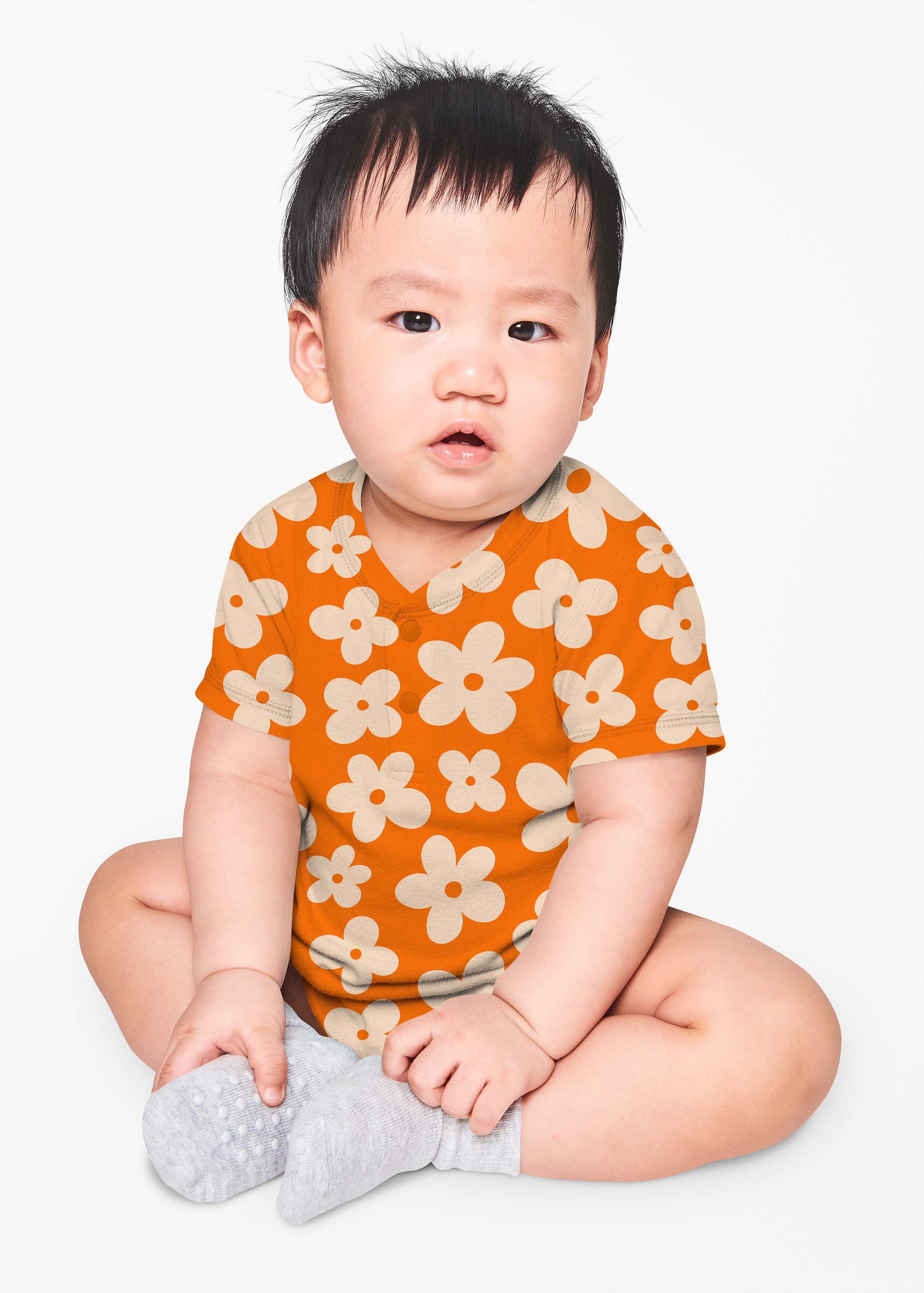 Monochrome Orange Flower Seamless Pattern, 60s 70s Style Fabric Design ...