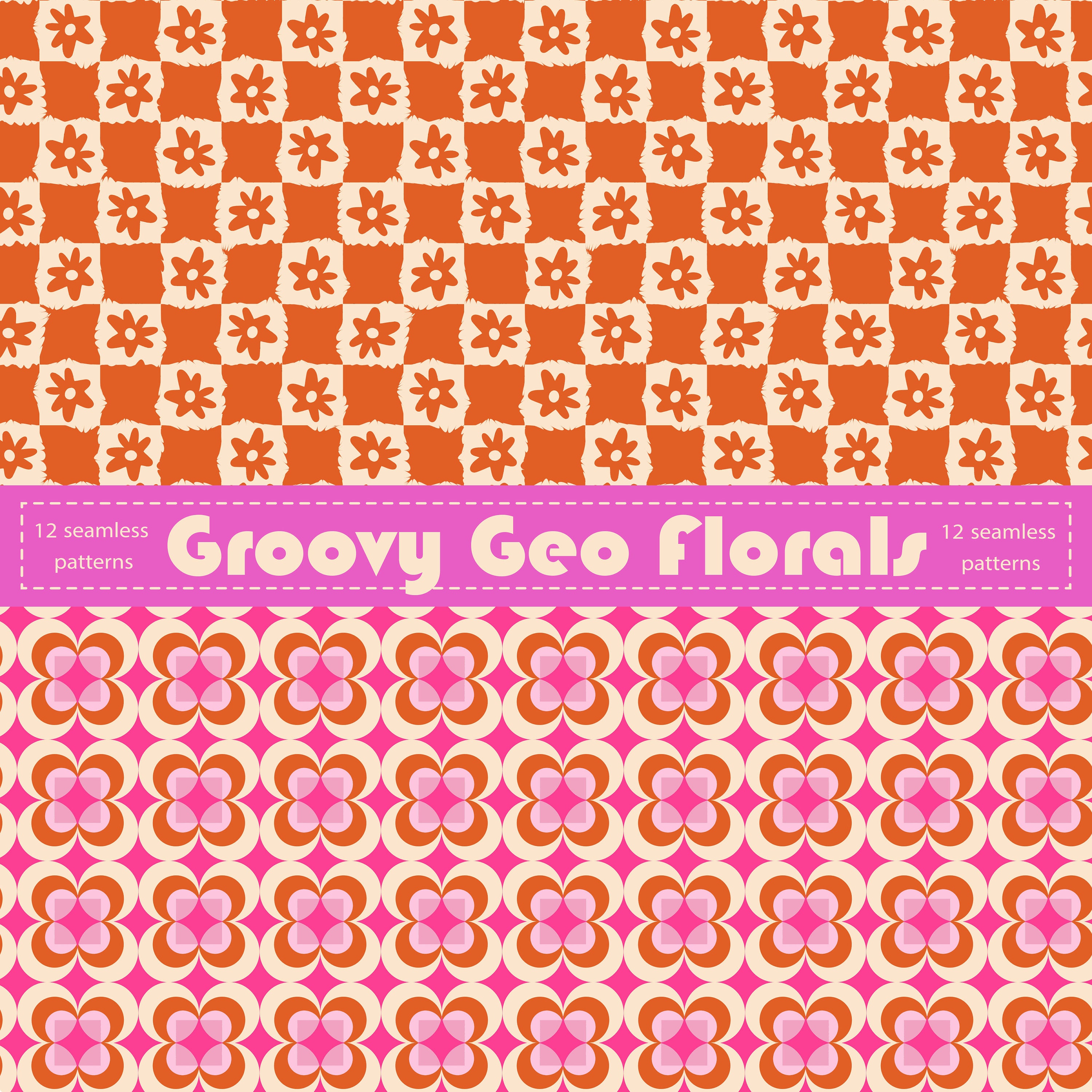 Groovy Geo Florals Pattern Collection, 60s-70s Retro Style Flowers ...