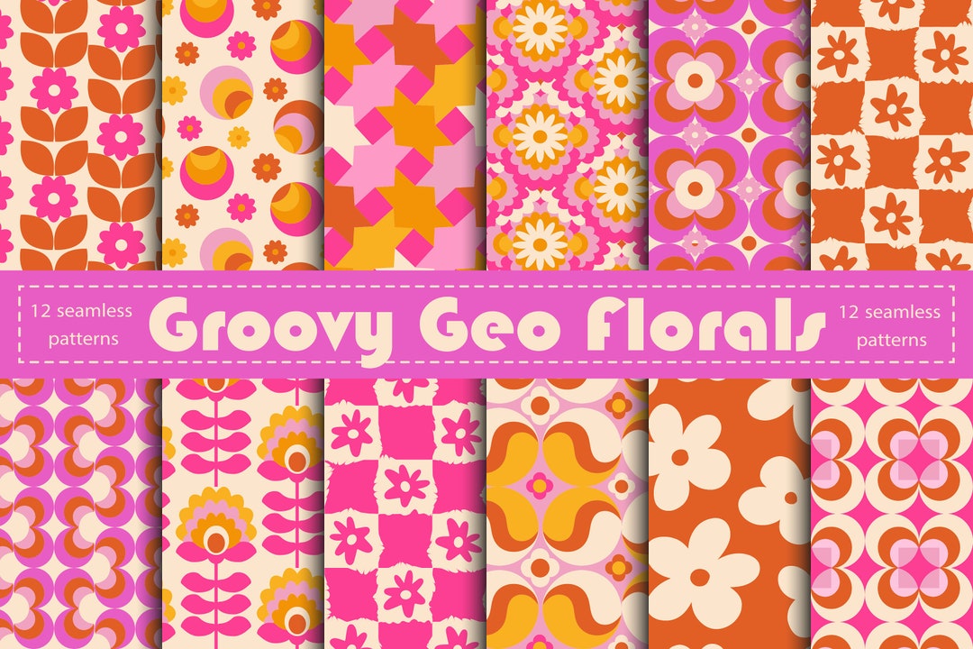 Groovy Geo Florals Pattern Collection, 60s-70s Retro Style Flowers ...