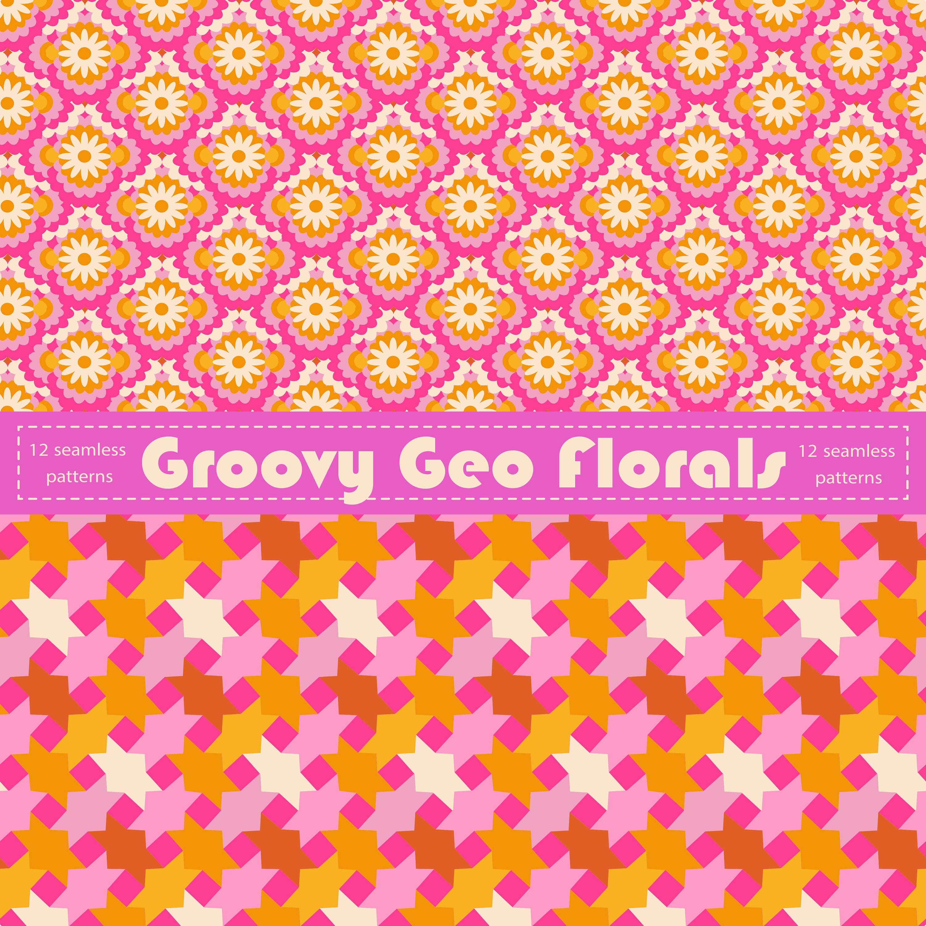 Groovy Geo Florals Pattern Collection, 60s-70s Retro Style Flowers ...