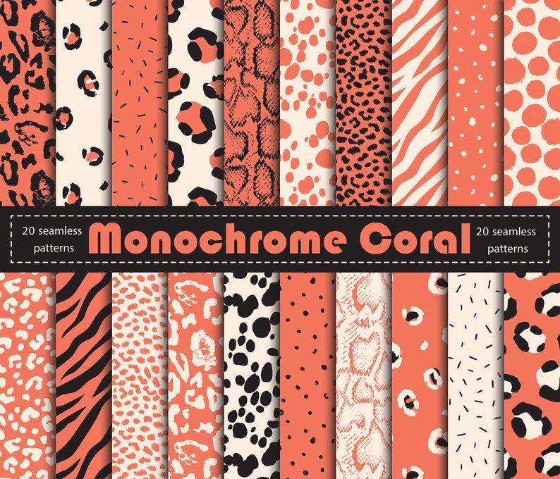Monochrome Coral Animal Fur Digital Paper, Leopard Seamless Pattern ...