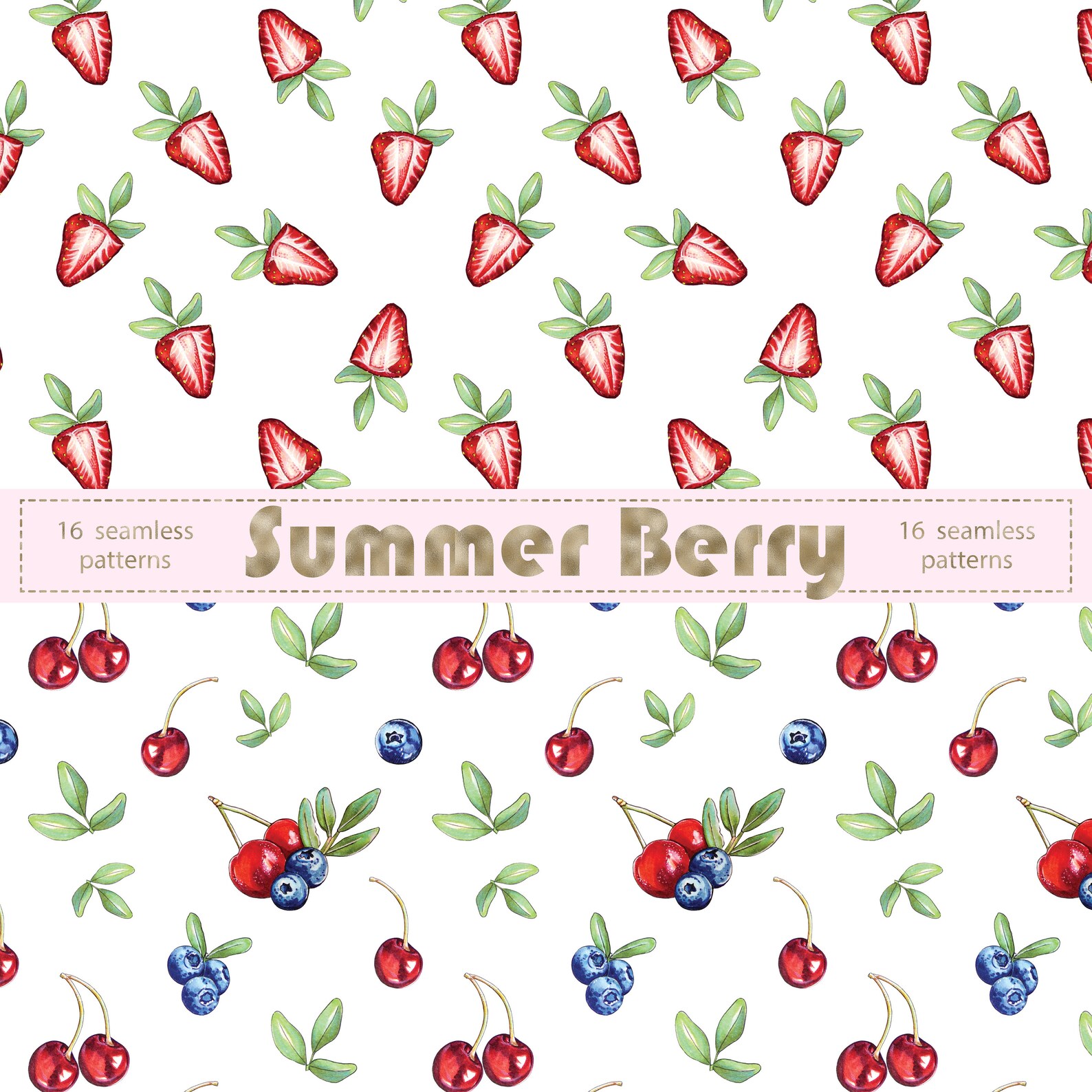 Summer Berry Digital Paper, Cherry and Blueberry Seamless Pattern ...
