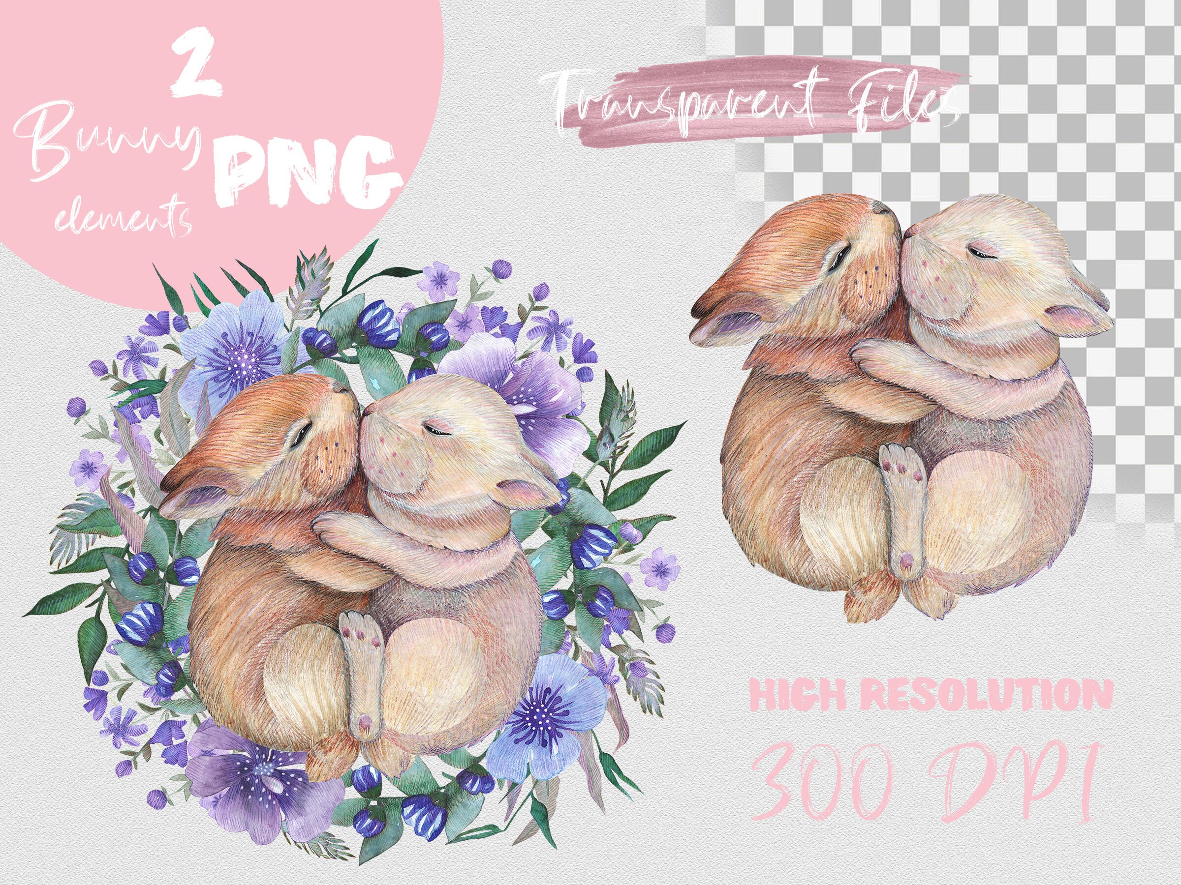 Watercolor Bunnies PNG Files, Hand Drawn Baby Rabbits Clipart, Vintage ...