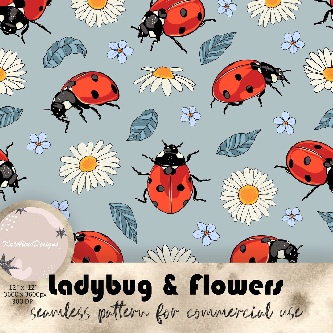 Ladybug Insects and Meadow Flowers Seamless Pattern, Cute Nature ...