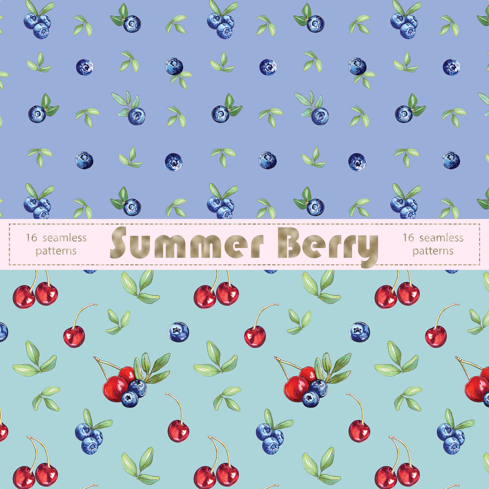 Summer Berry Digital Paper, Cherry and Blueberry Seamless Pattern ...