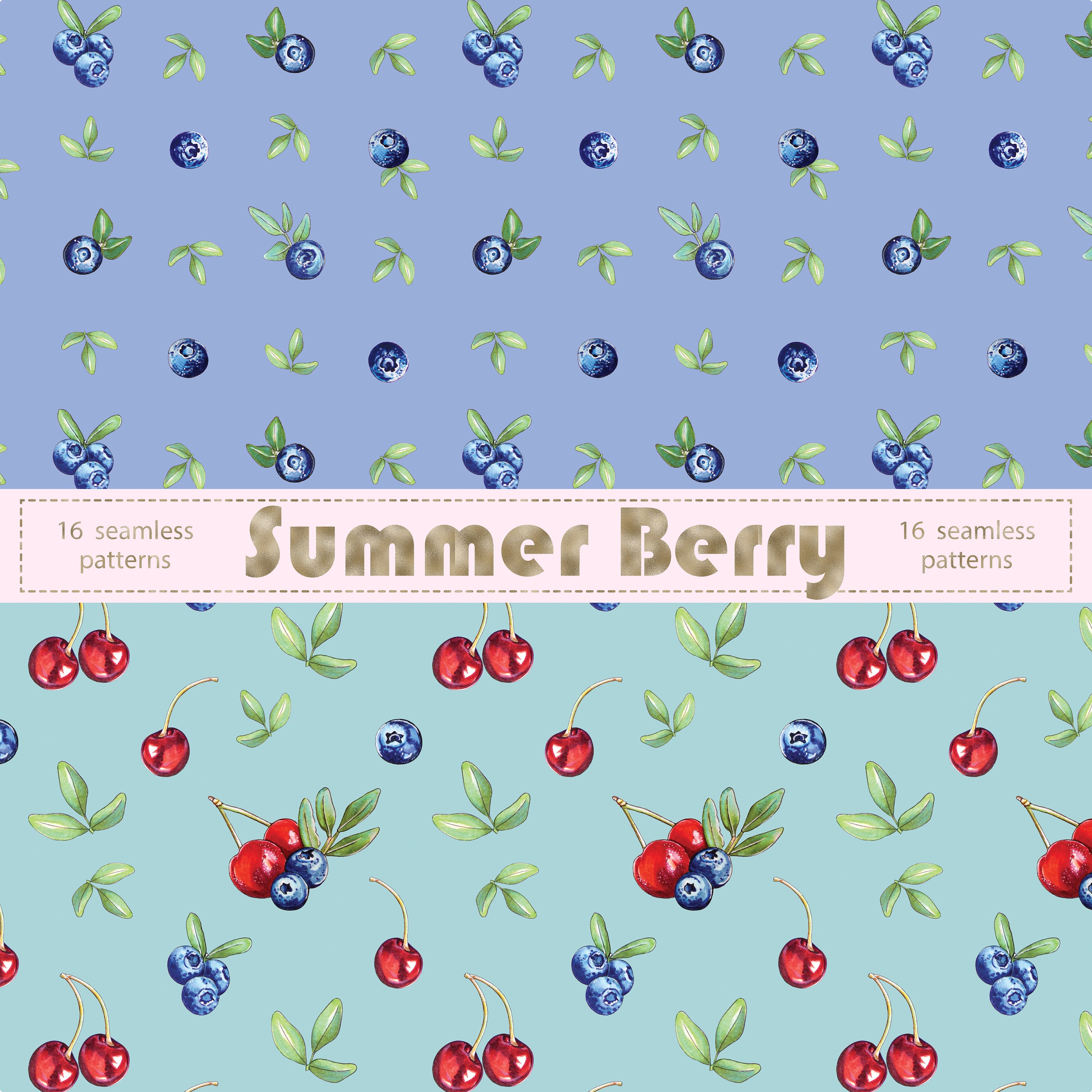 Summer Berry Digital Paper, Cherry and Blueberry Seamless Pattern ...