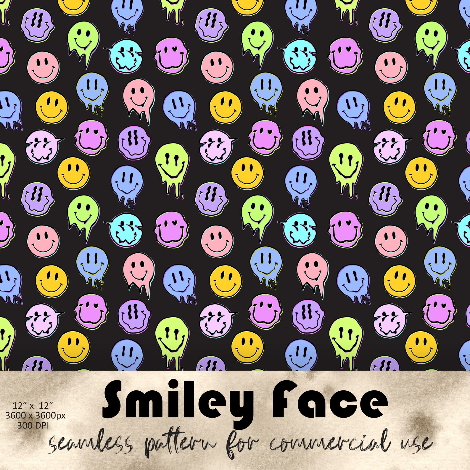 Smiley Face Seamless Pattern, Trippy Smile Fabric Design, Melting Face ...
