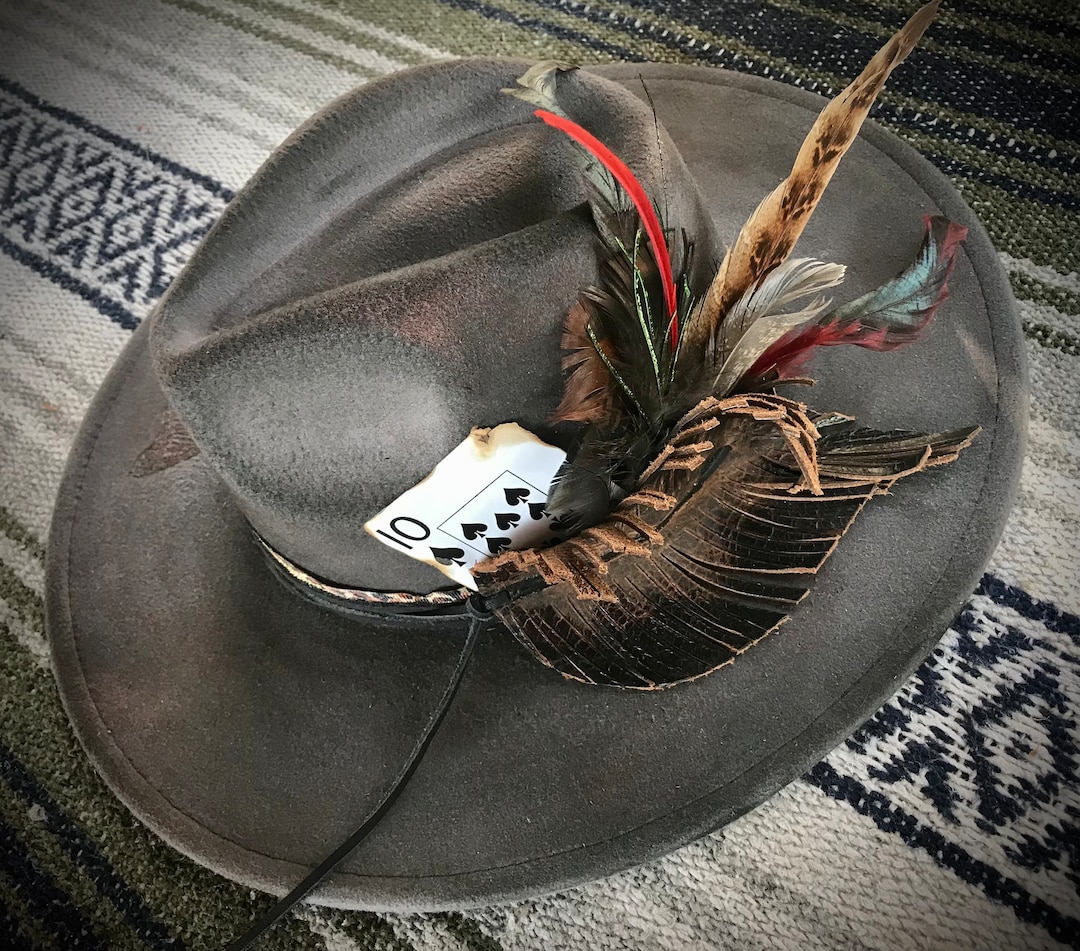 Distressed Rancher Style Custom Hat, Tooled Leather Western Feather ...