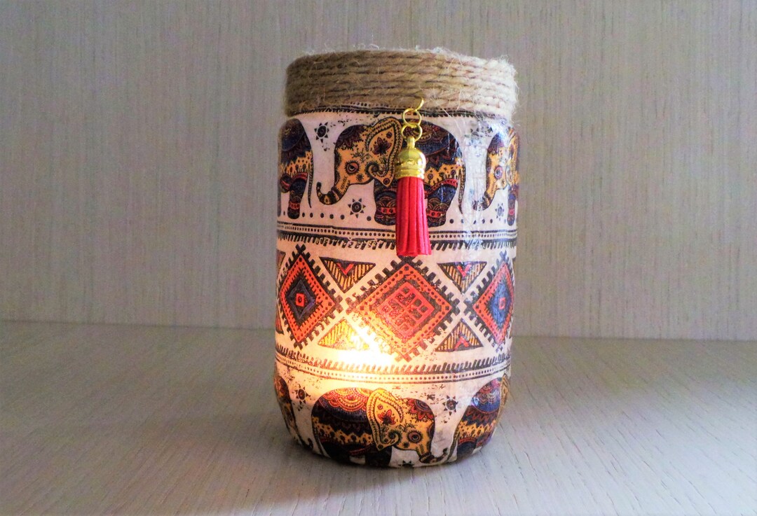 Elephant Jar With Lights, Upcycled Glass Jar, Decoupage Candle Holder ...