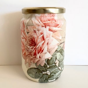 Vintage Rose Jar, Decoupage Storage Jar, up Cycled Decorated Glass ...