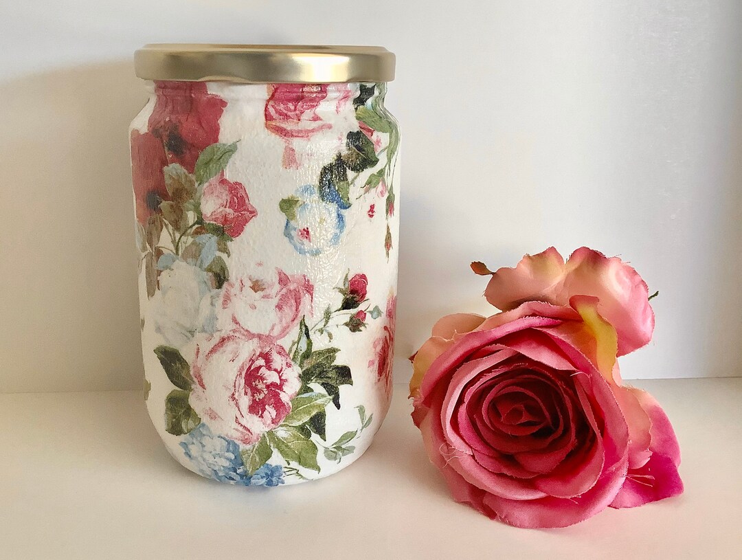 Decoupage Floral Roses Jar With Lid: Handmade Vanity Decor - Etsy