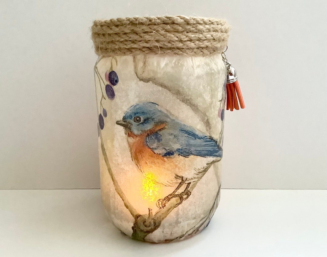 Bluebird Decoupage Lantern: Handmade Bird Night Light, Special Gift - Etsy
