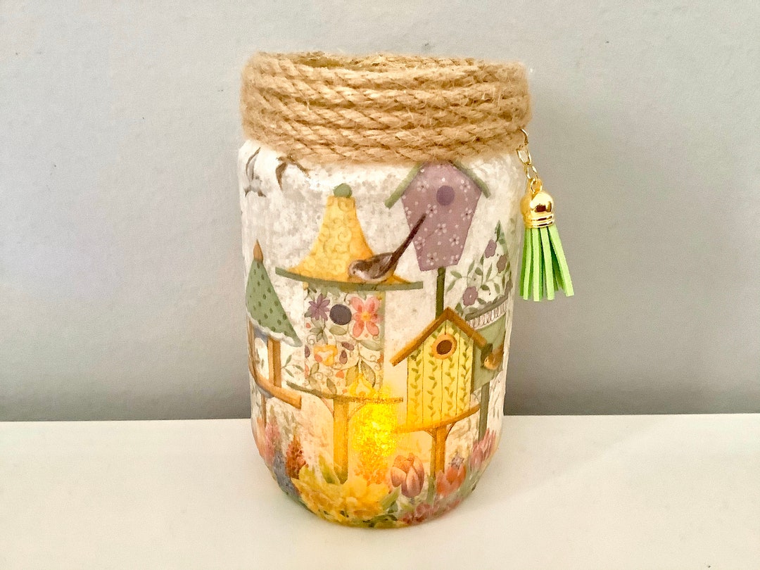 Birdhouse Garden Night Light: Decoupage Jar Lantern With String Lights ...