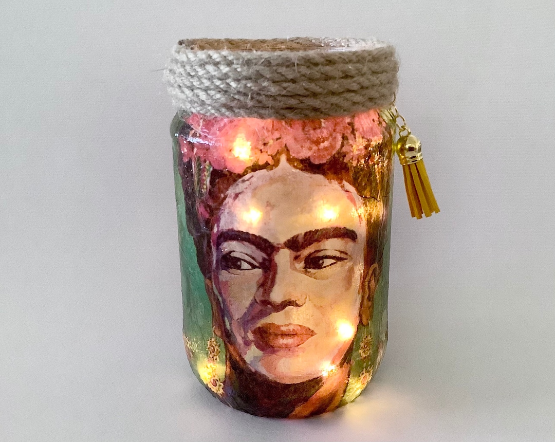 Frida Kahlo Desk Light, Upcycled Glass Candle Holder, Handcrafted Lamp ...