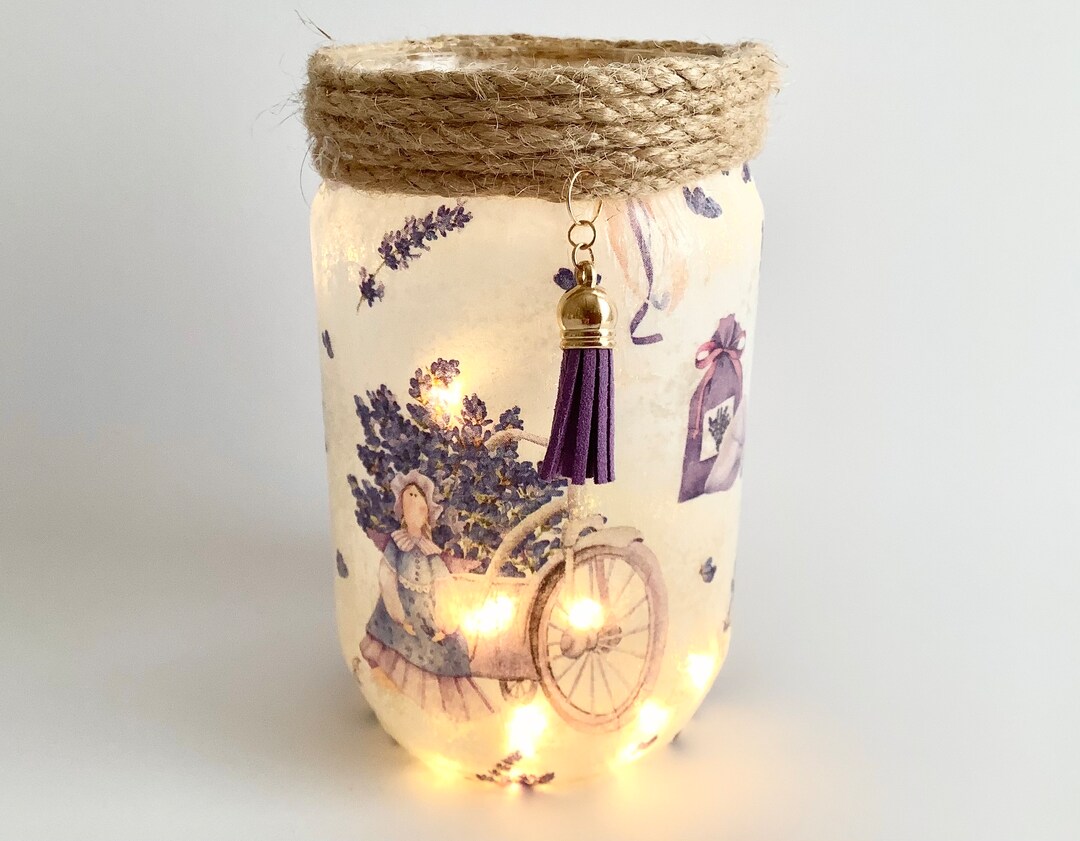 Lavender Nightlight, Decoupage Lantern Jar, Upcycled Glass Candle ...