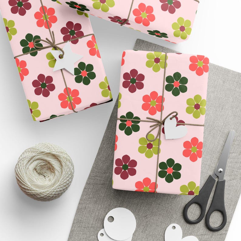 Wrapping Papers, Retro Flowers Holiday Gift Wrap Pink, Red, and ...