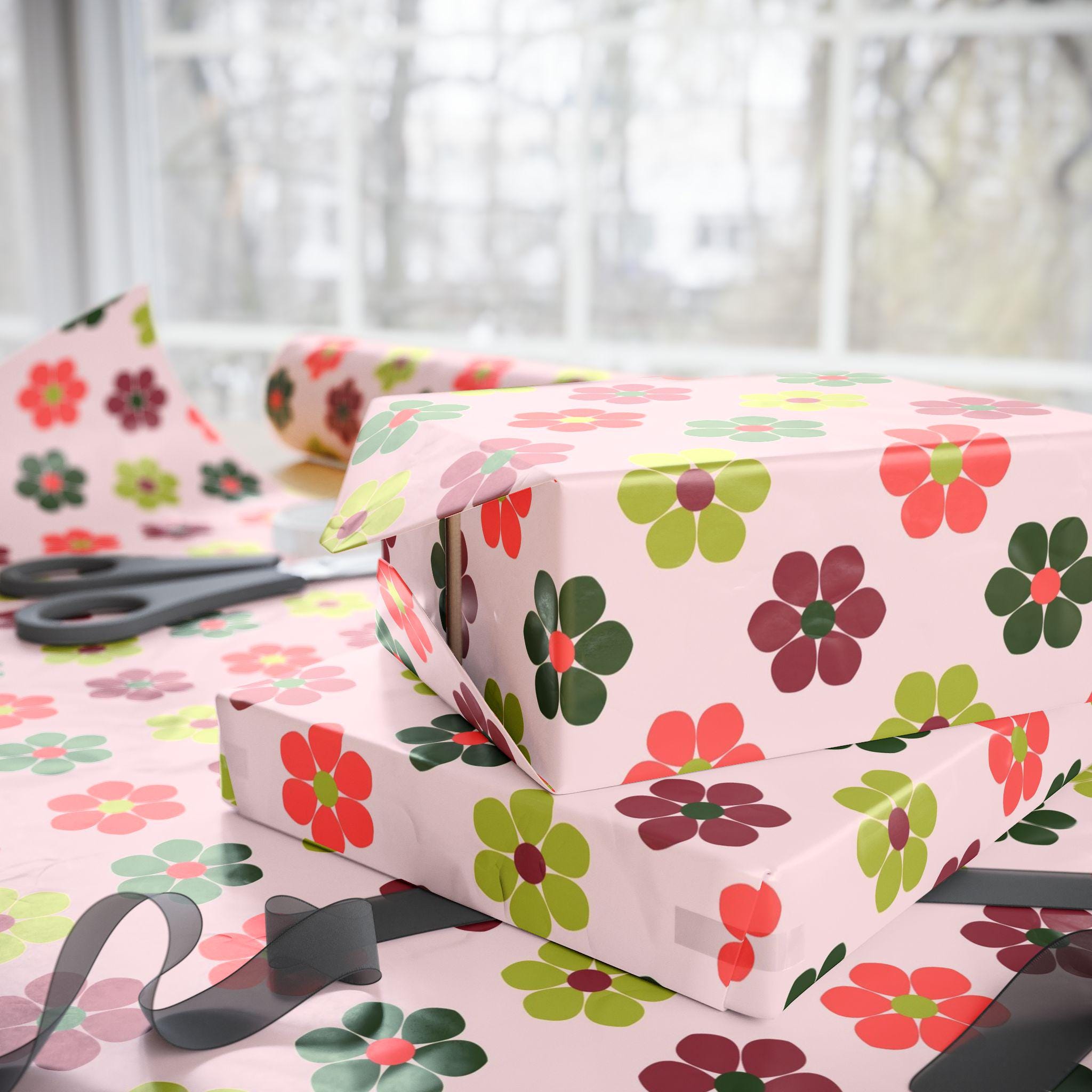 Wrapping Papers, Retro Flowers Holiday Gift Wrap Pink, Red, and ...