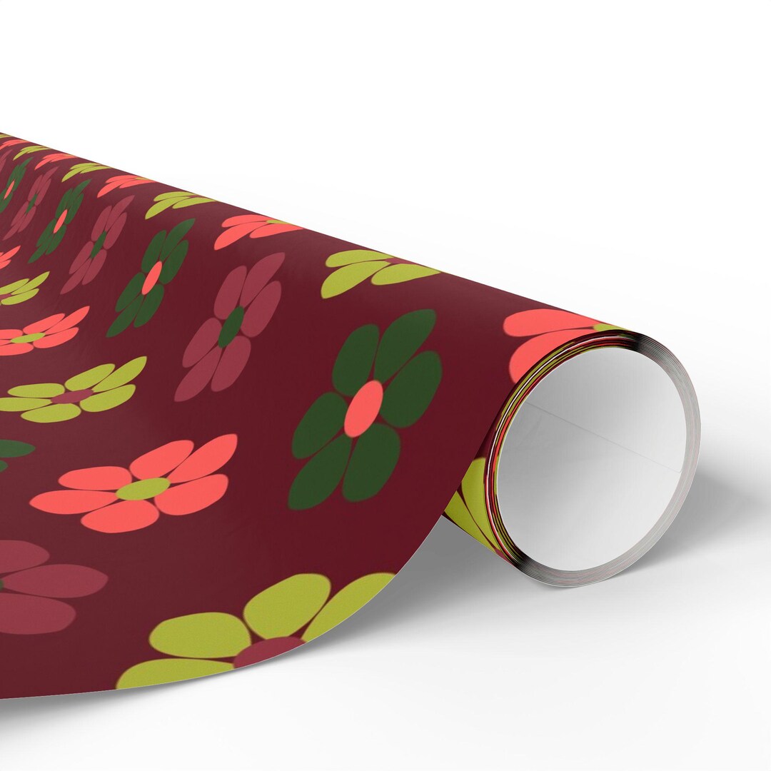 Wrapping Papers, Retro Floral Christmas Gift Wrap Burgundy Red ...