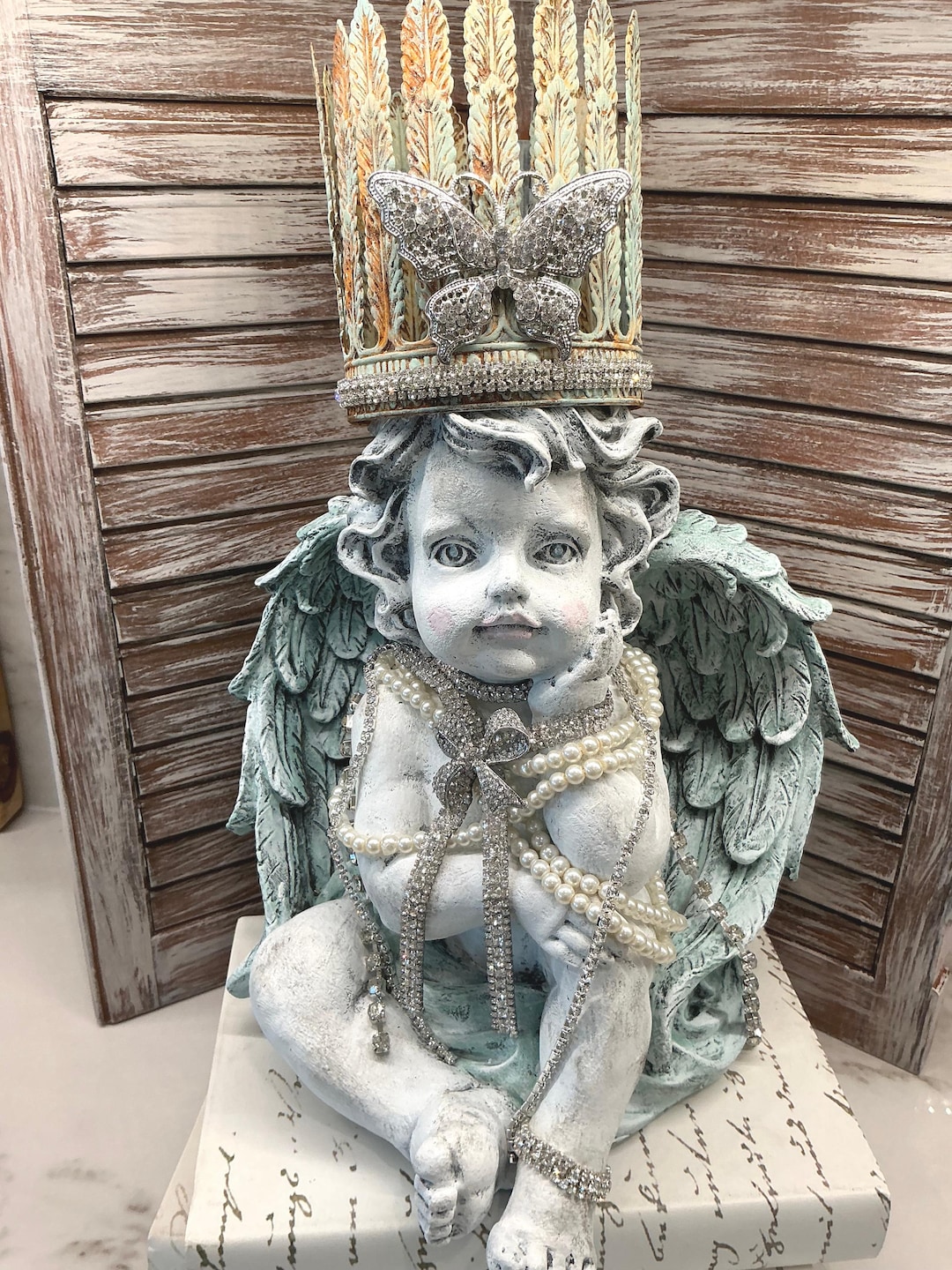Crowned Cherub Statue Embellished Cherub Feather Crown Large Cherub ...