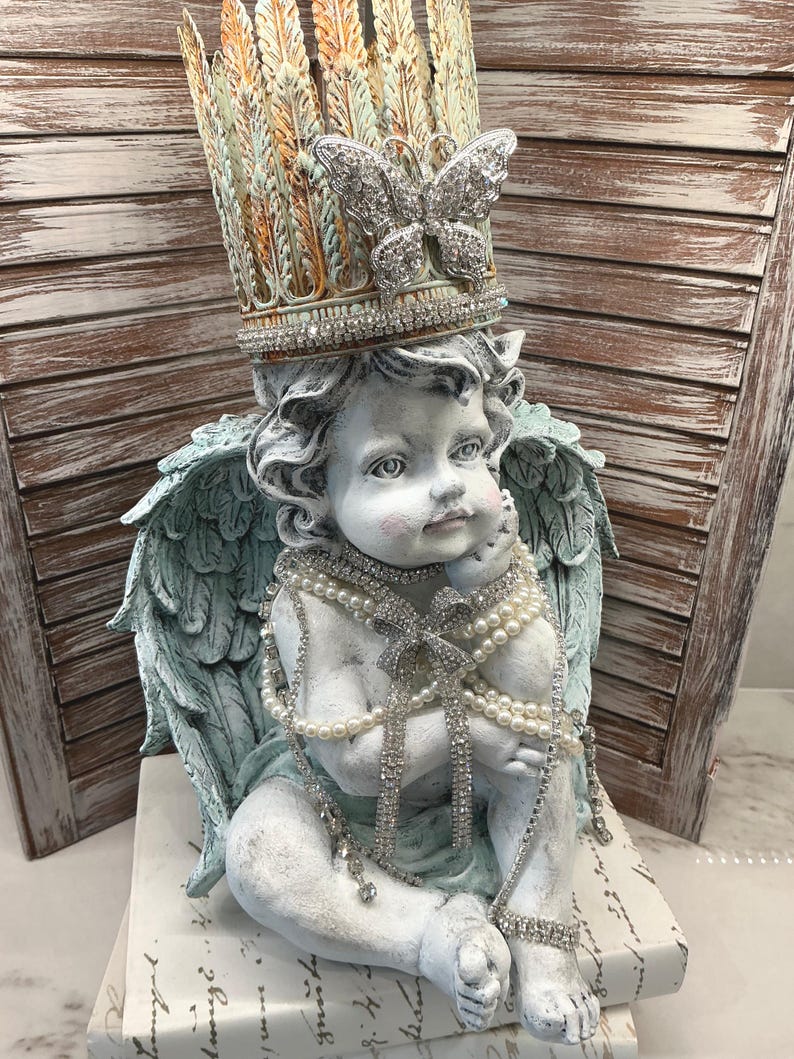 Crowned Cherub Statue Embellished Cherub Feather Crown Large Cherub ...