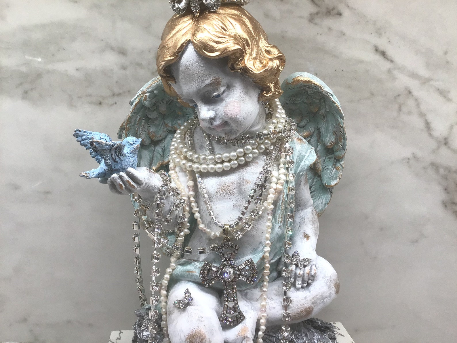 Cherub Holding Bird Crowned Cherub Statue Embellished Cherub - Etsy